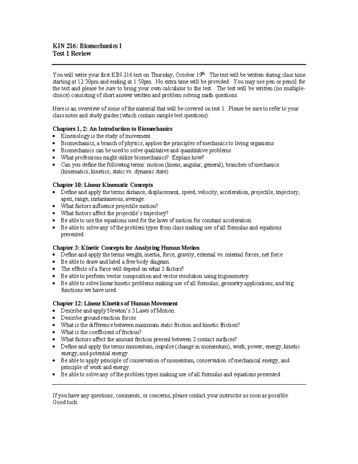 Test 1 - Review Sheet - KIN 216 : Biomechanics I Test 1 Review You will ...