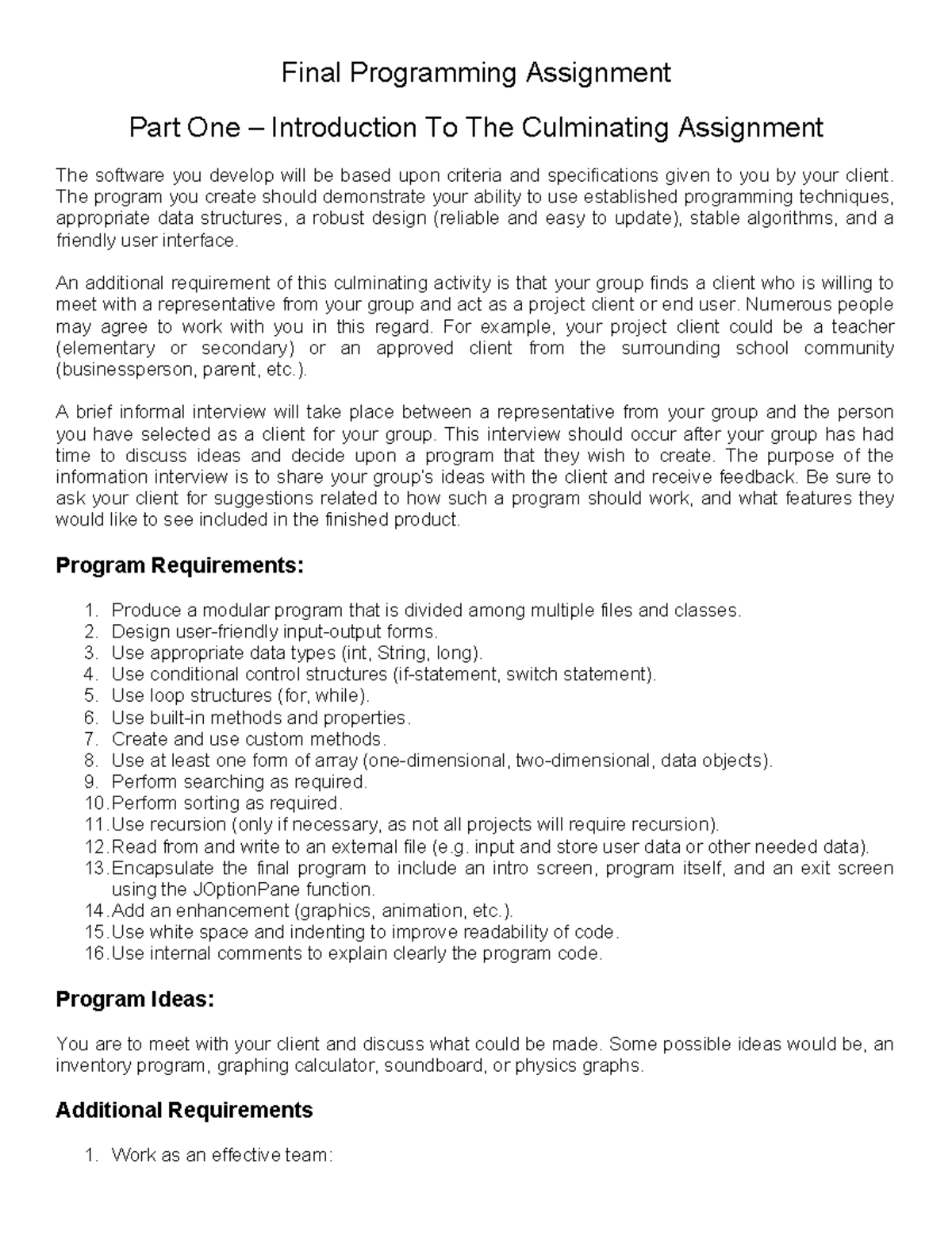 1.0 Culminating Task Final Programming Assignment - Final Programming Assignment Part One ...