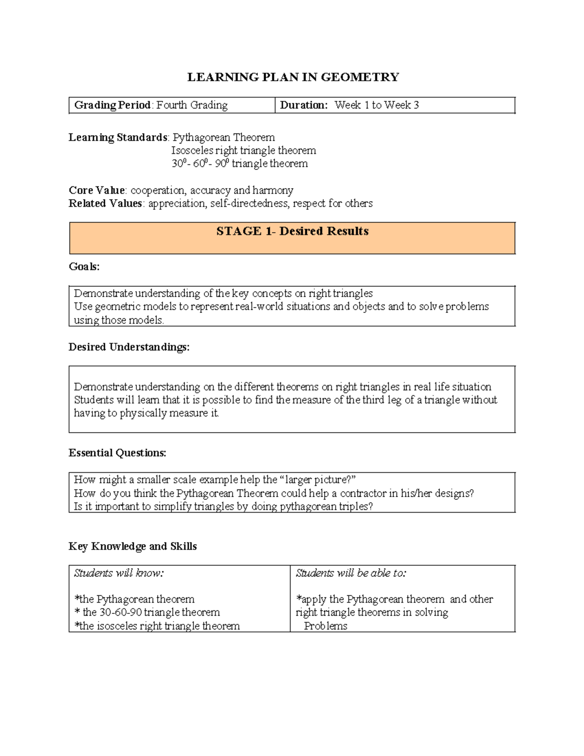 4TH LP 1 - Learning Plan - LEARNING PLAN IN GEOMETRY Grading Period ...
