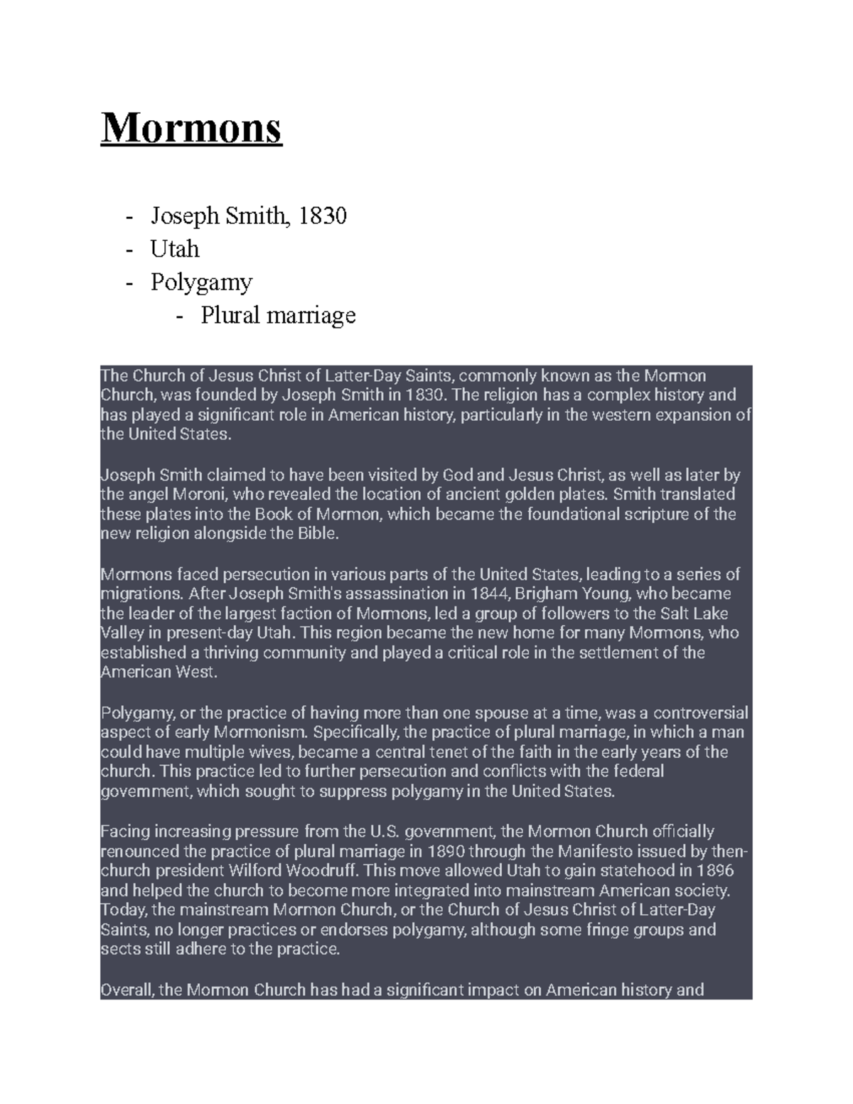 Mormons Key Questions - lecture notes Rachel Gunter - Mormons - Joseph ...