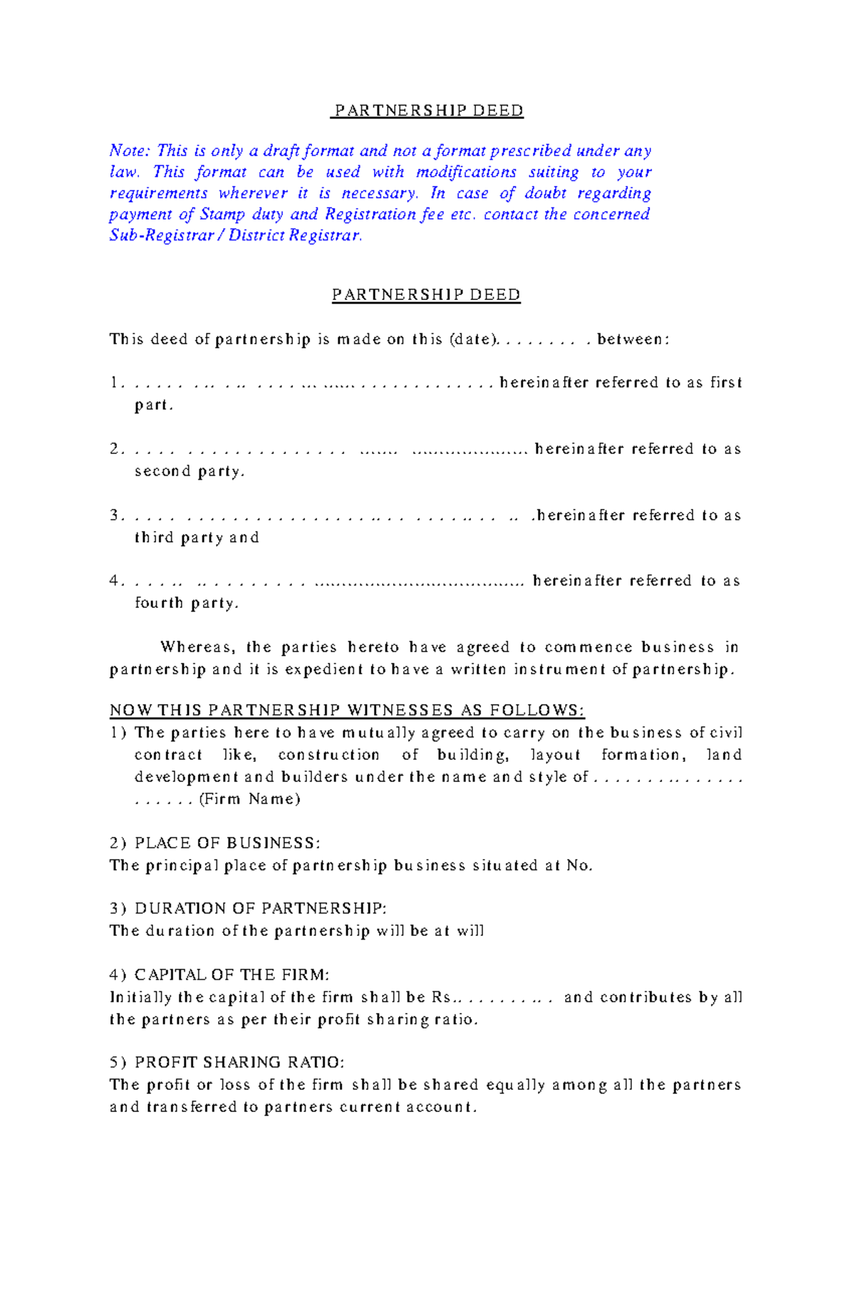 Partnership Deed - sample - PARTNERSHIP DEED Note: This is only a draft ...