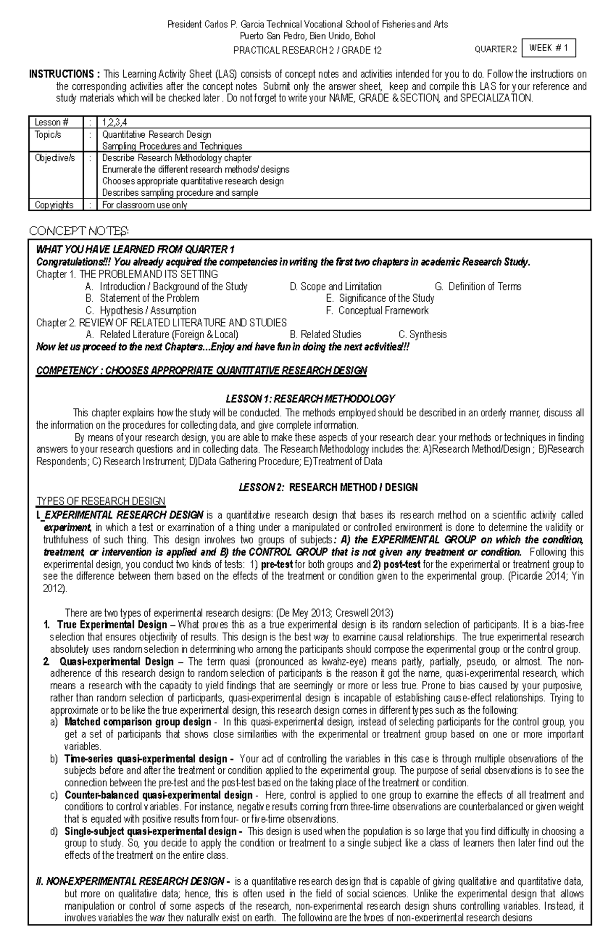 Q2 PR2 Week 1 Handout - PR 2 - President Carlos P. Garcia Technical ...