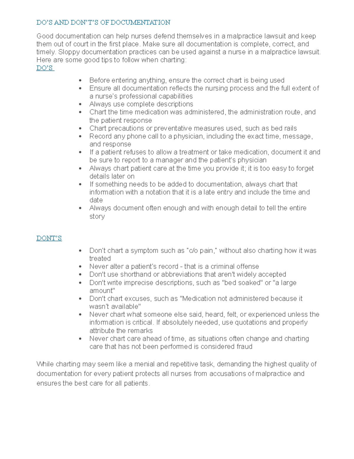 1-Documentation Do's-Dont's - DO’S AND DON’T’S OF DOCUMENTATION Good documentation can help ...