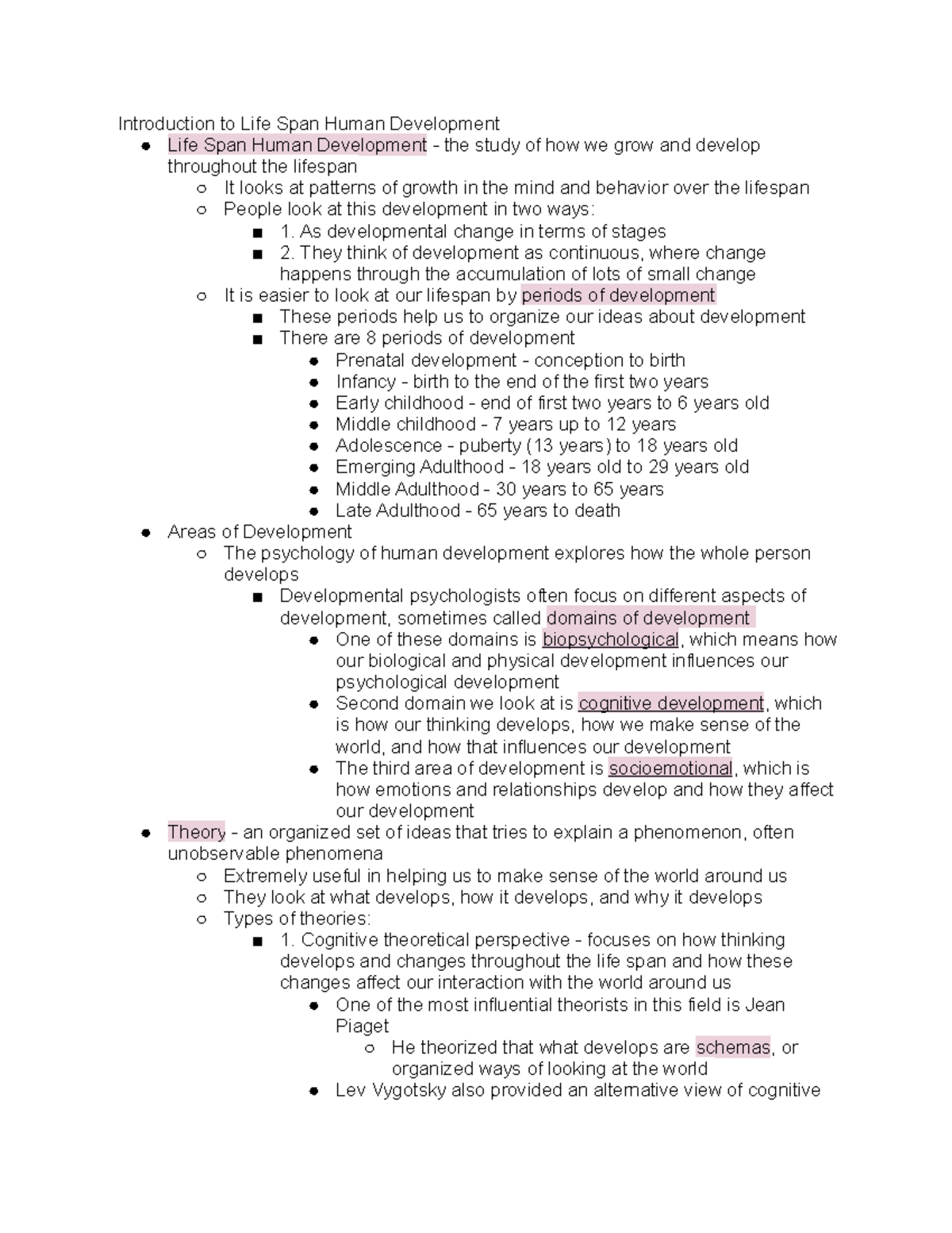 Psych 160 - Chapter One Notes - Introduction to Life Span Human ...