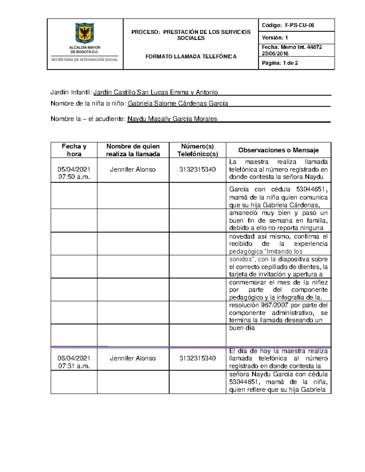 Formato Llamada Telefonica Gabriela - PROCESO: PRESTACIÓN DE LOS ...