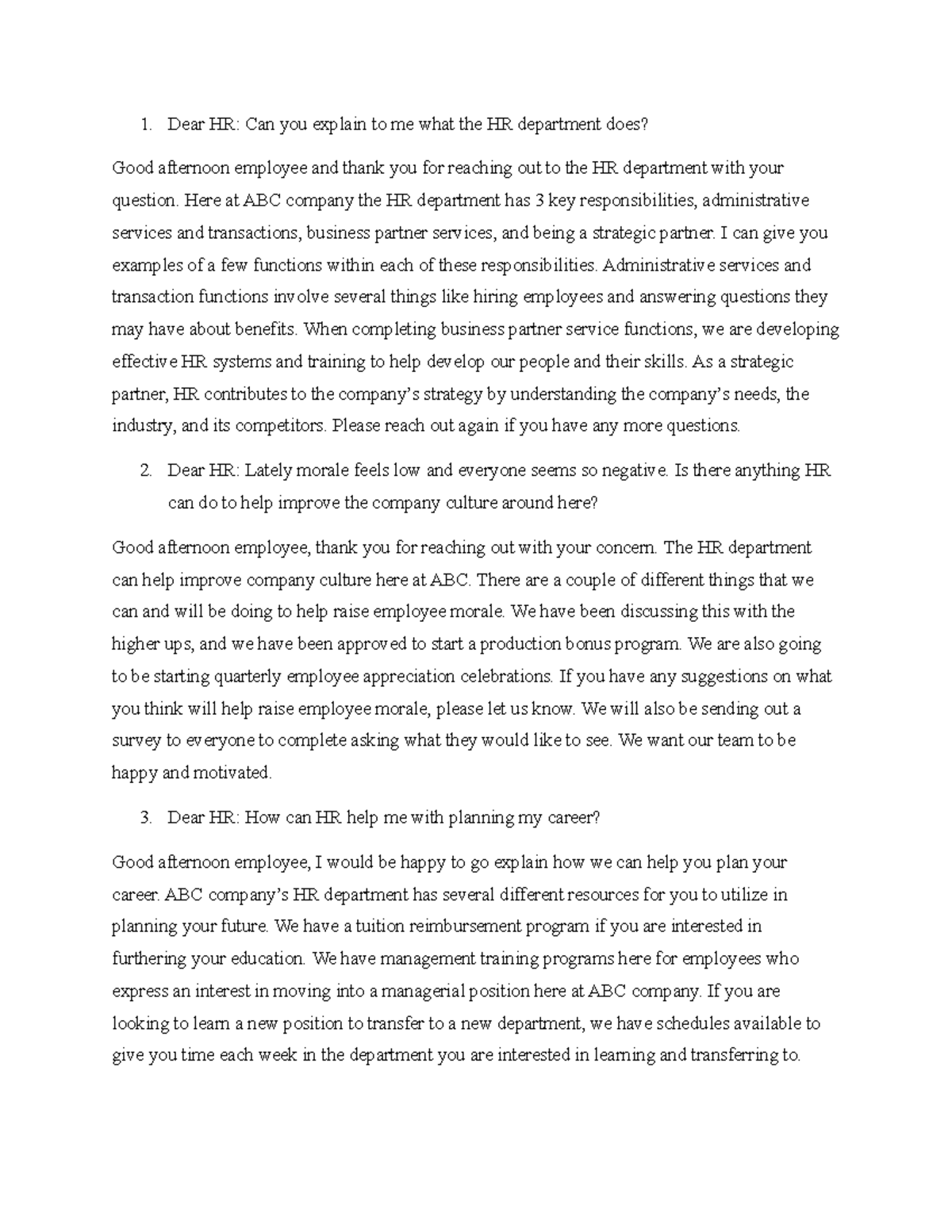 HRM-202 2-2 HR Inbox - Dear HR: Can you explain to me what the HR department does? Good ...