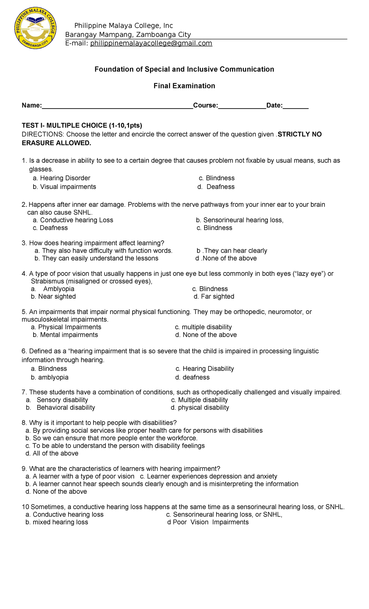 FSIE FInl exm - for lectures only - Philippine Malaya College, Inc ...