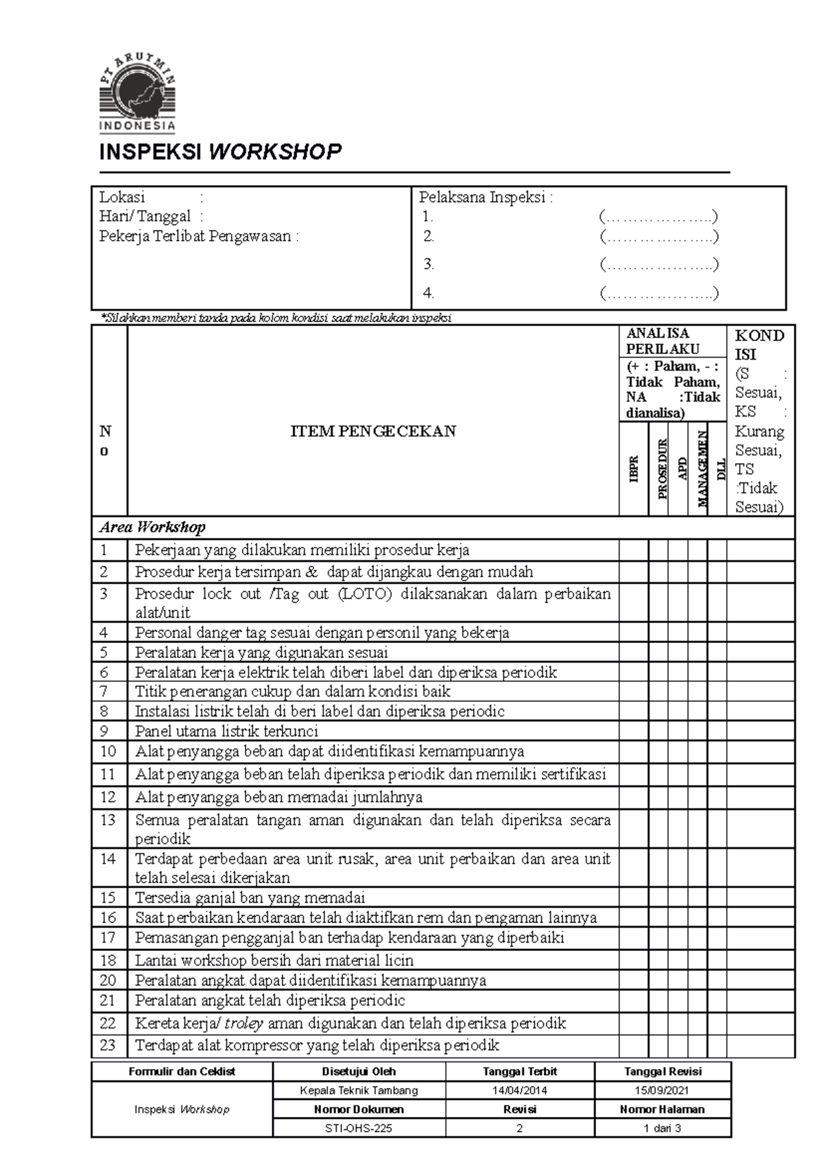 STI-OHS-225 Inspeksi Workshop BBS - INSPEKSI WORKSHOP Lokasi ...