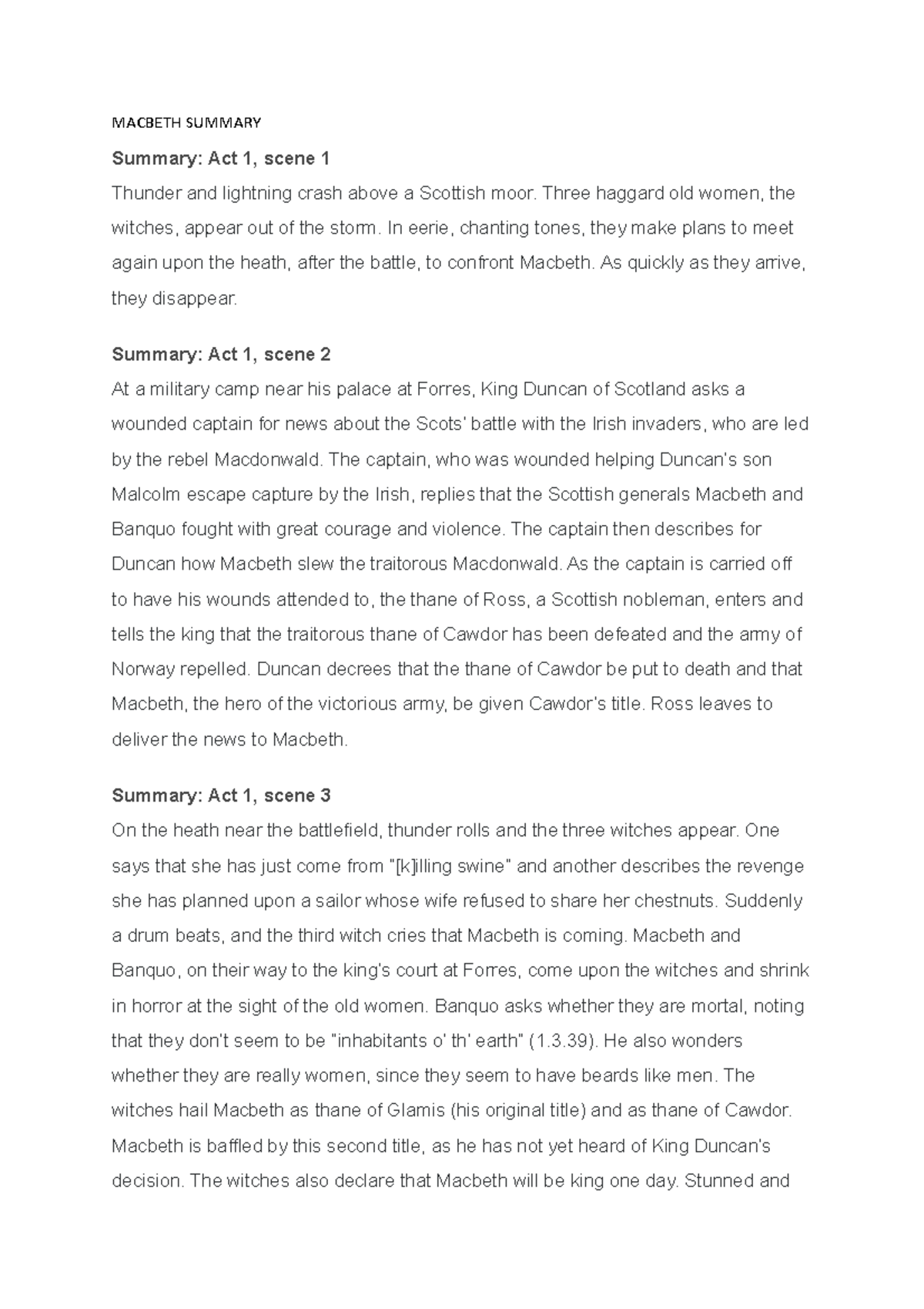 Macbeth Summary - Studocu