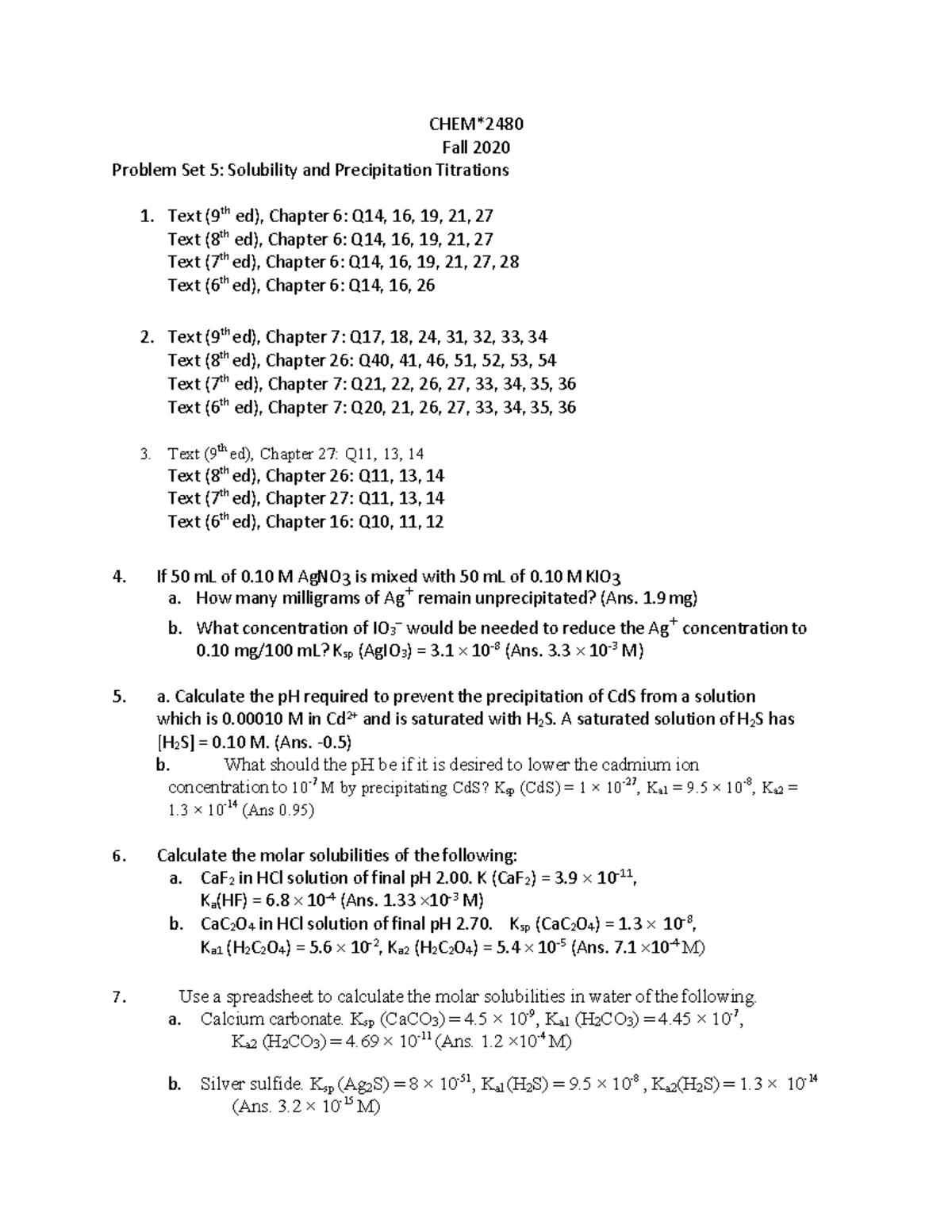 Problem Set 5 - CHEM* Fall 2020 Problem Set 5: Solubility and ...