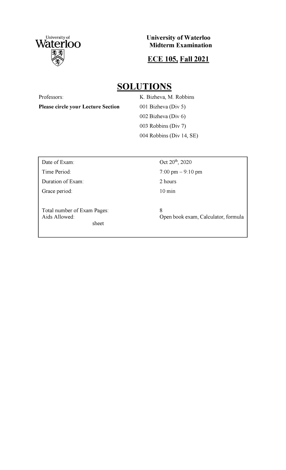 2021 ECE 105 Midterm exam Solutions - University of Waterloo Midterm ...