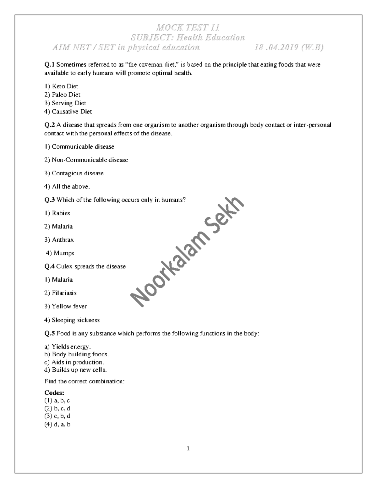 MOCK TEST 11 - Exercise purpose only - SUBJECT: Health Education AIM ...
