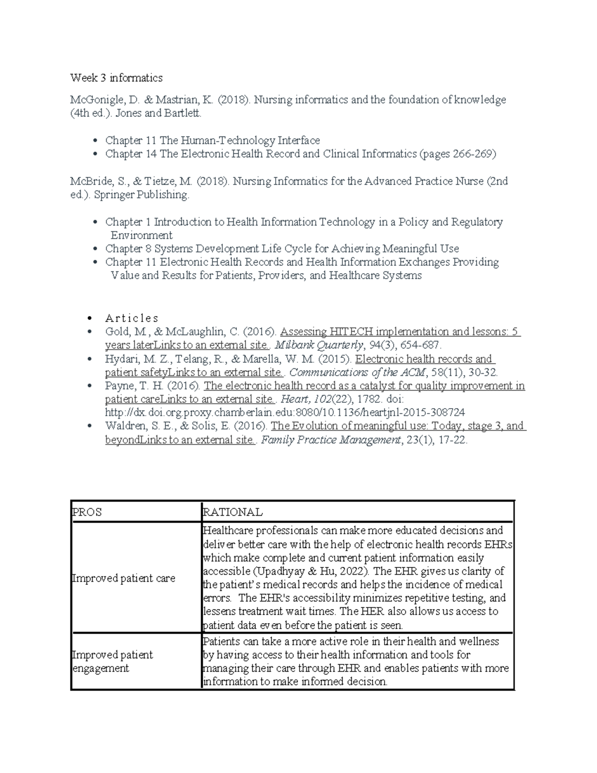 Week 3 informatics - Week 3 assignment - Week 3 informatics McGonigle ...