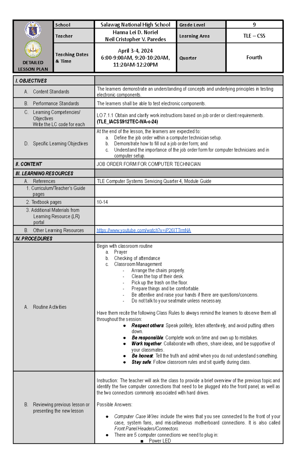 Job Order Lesson Plan - DETAILED LESSON PLAN School Salawag National ...