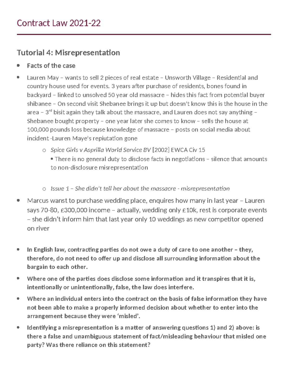Tutorial 4 - Contract Law 2021- Tutorial 4: Misrepresentation Facts of ...