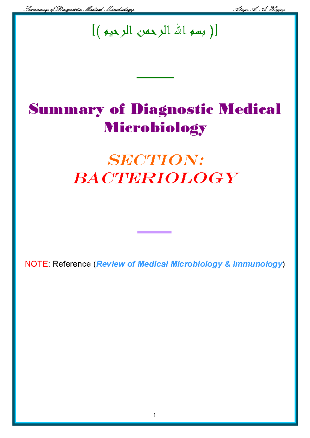 Summary of Diagnostic Bacteriology - ([بسم اﷲ الرحمن الرحيم ...