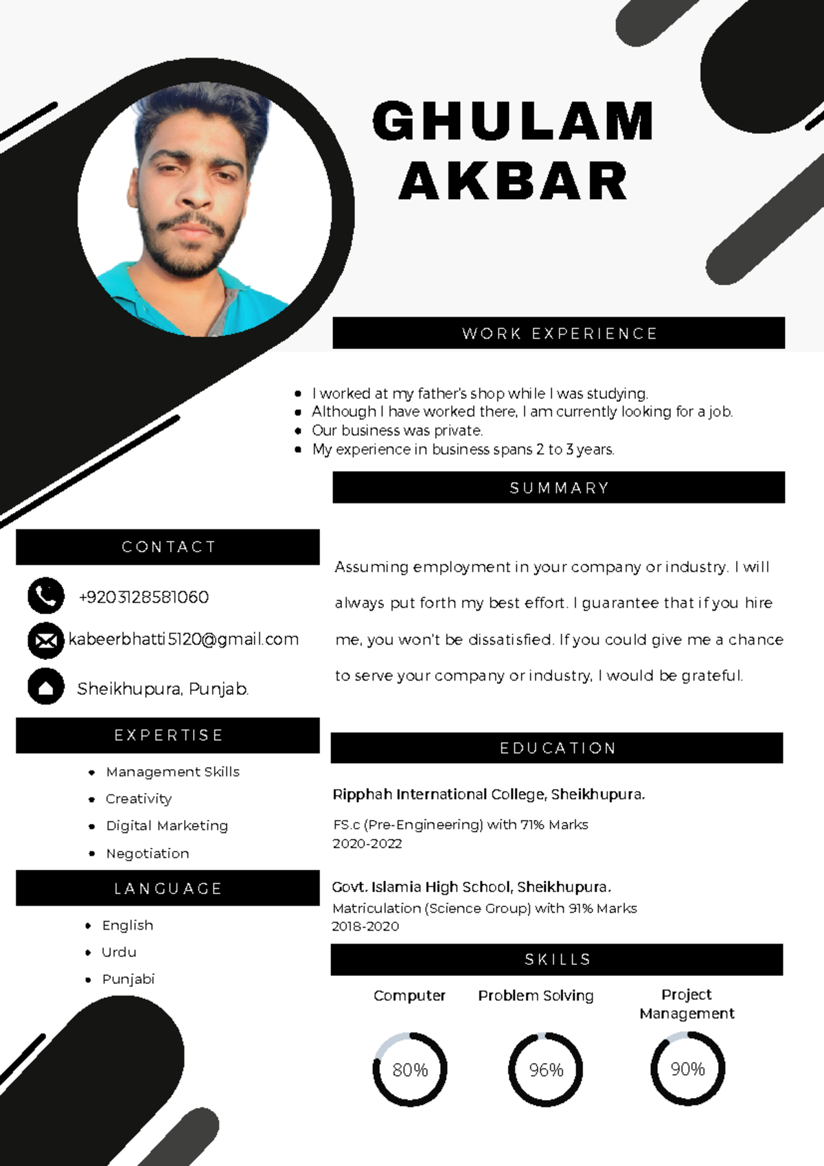 MY CV - I am Studying I need - GHULAM AKBAR W O R K E X P E R I E N C E E D U C A T I O N - Studocu