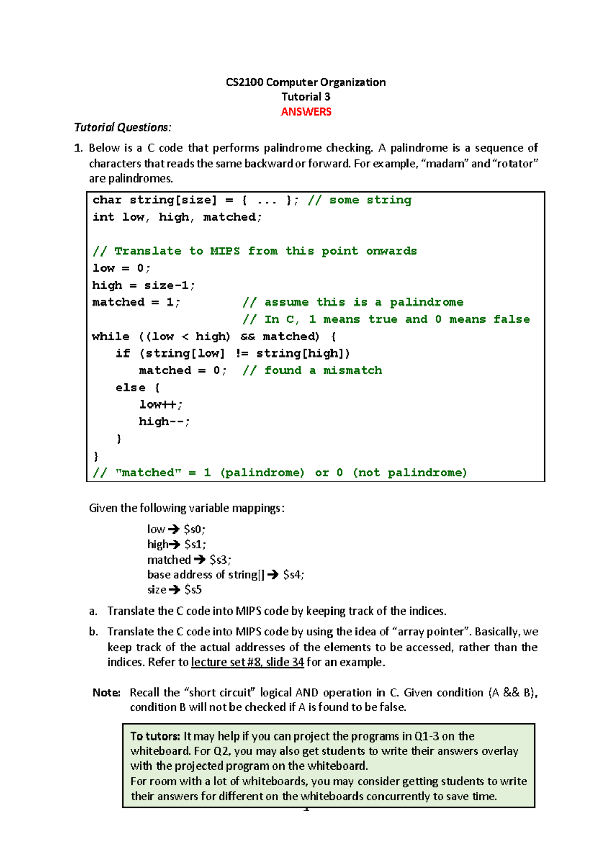 Cs2100tut3Ans-Release - CS2100 Computer Organization Tutorial 3 ANSWERS Tutorial Questions ...