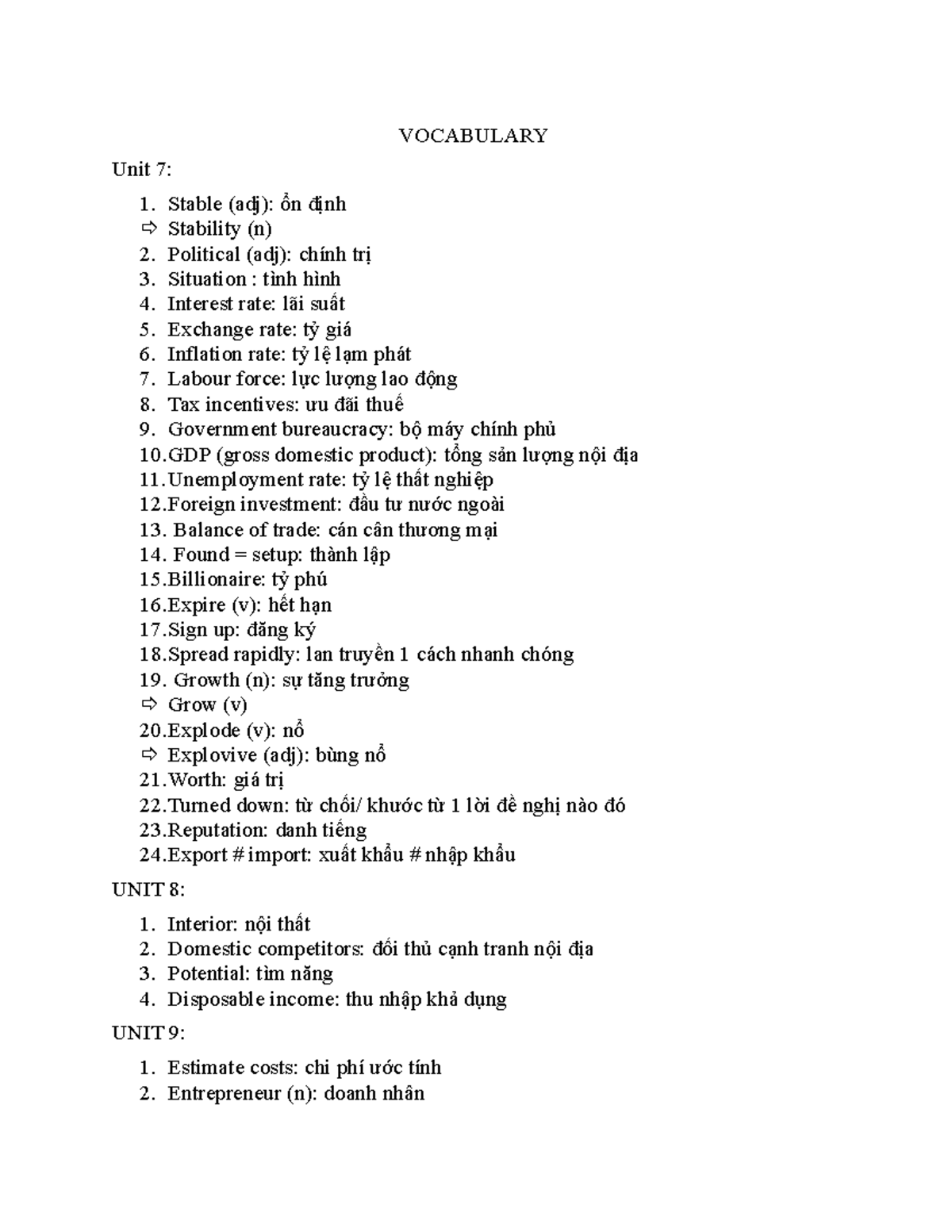 ANH VĂN HỌC PHẦN 2 - ưdewge - VOCABULARY Unit 7: Stable (adj): ổn định ...