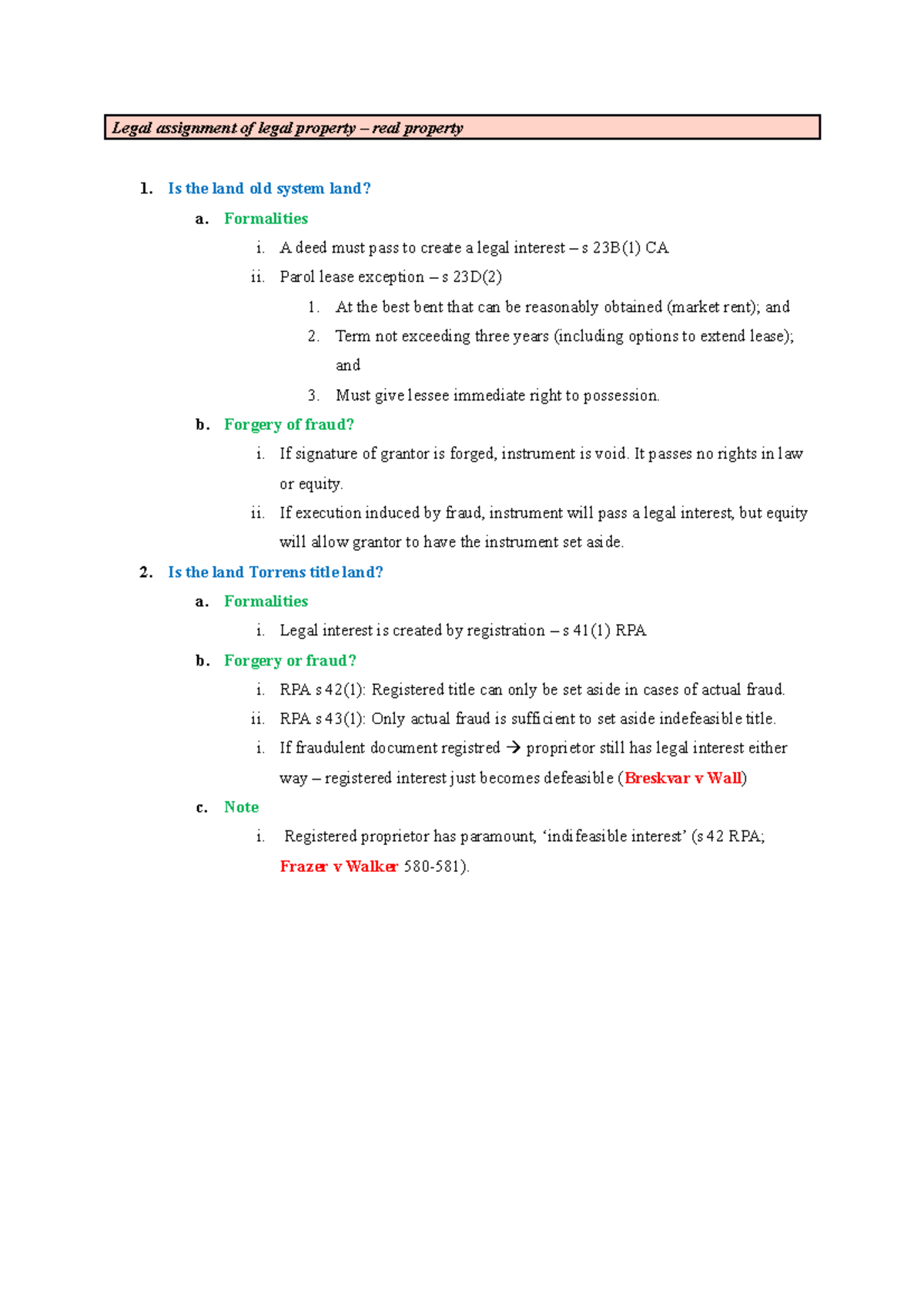 Real prop - Summary of real prop - Legal assignment of legal property ...