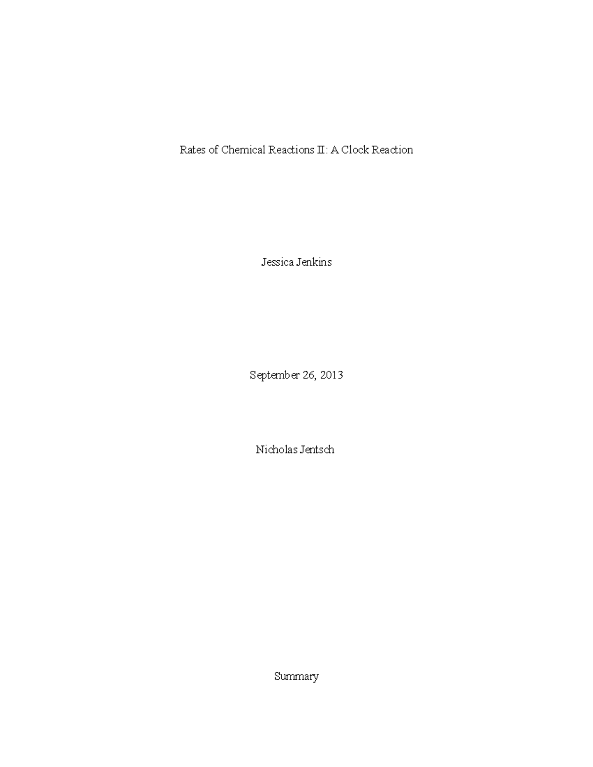 Rates Of Chemical Reactions II Chemistry Lab Report Rates Of Chemical
