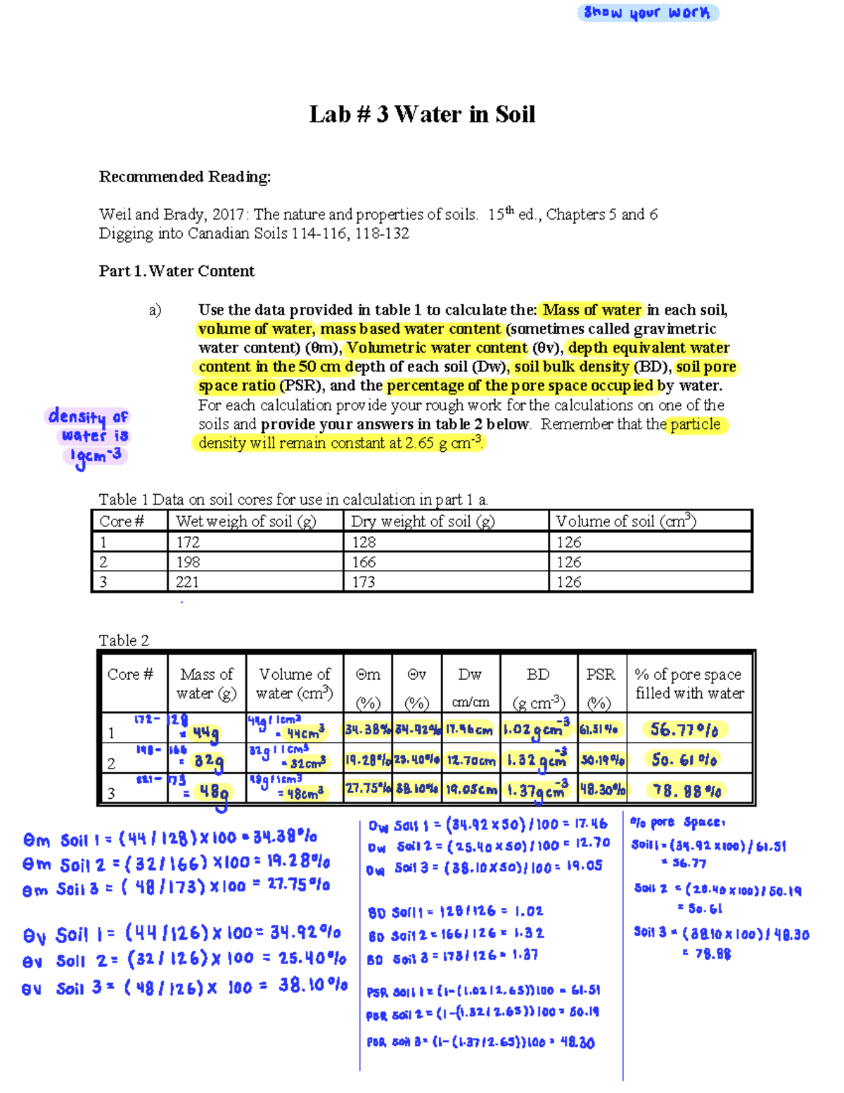 Lab #3 Water - Answers - Lab # 3 Water in Soil Recommended Reading ...