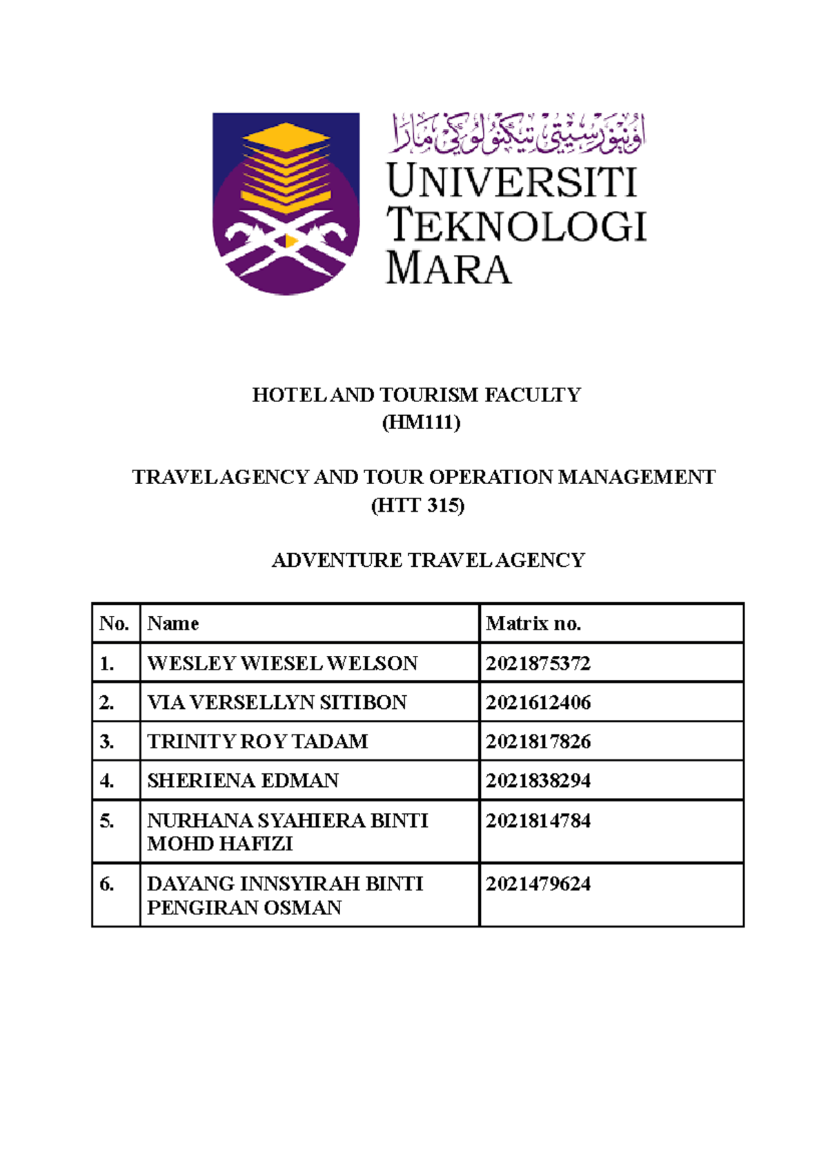 HTT315 Adventure Travel Agency - HOTEL AND TOURISM FACULTY (HM111 ...