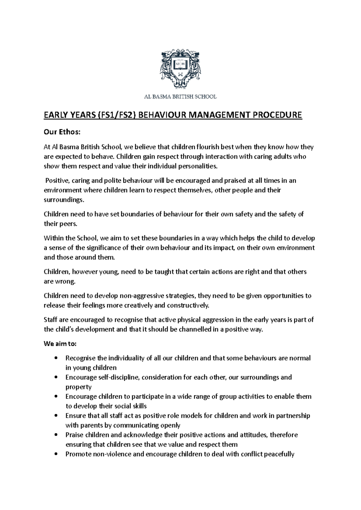 EY Behaviour Management Procedures 2022 - EARLY YEARS (FS1/FS2 ...