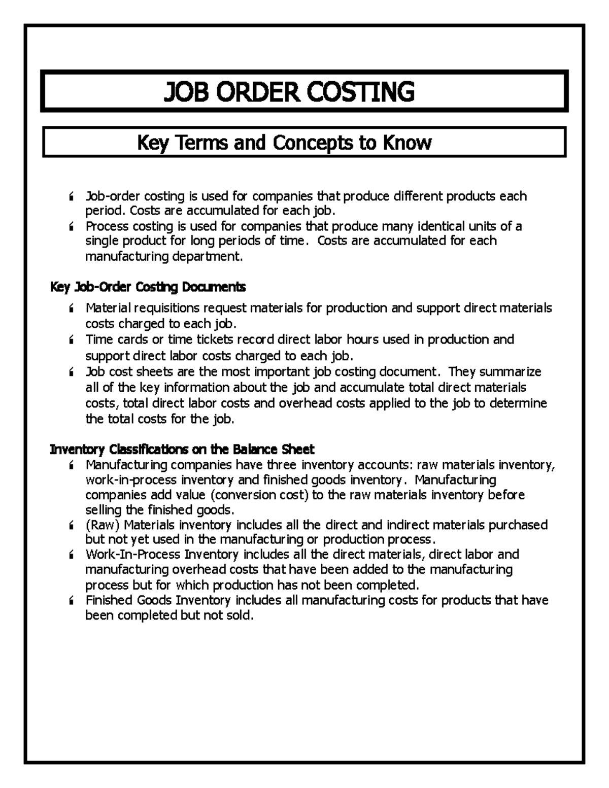 2a. Job Order Costing CR - JOB ORDER COSTING Key Terms and Concepts to ...