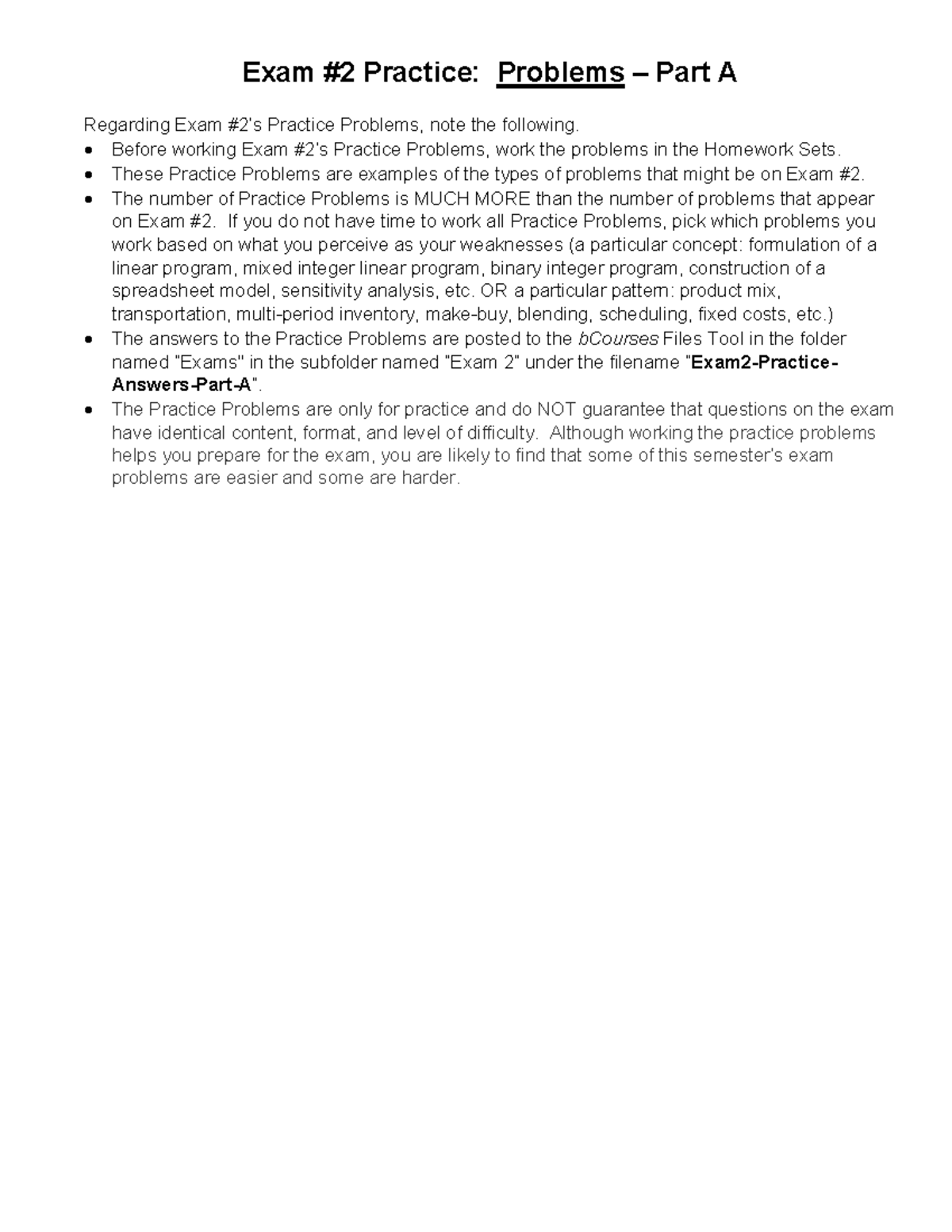 Exam 2 - Sample Practice Problems - Exam #2 Practice: Problems – Part A ...