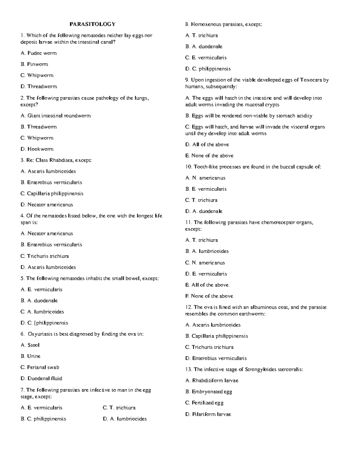 Parasitology Prelims - practice question - PARASITOLOGY Which of the ...