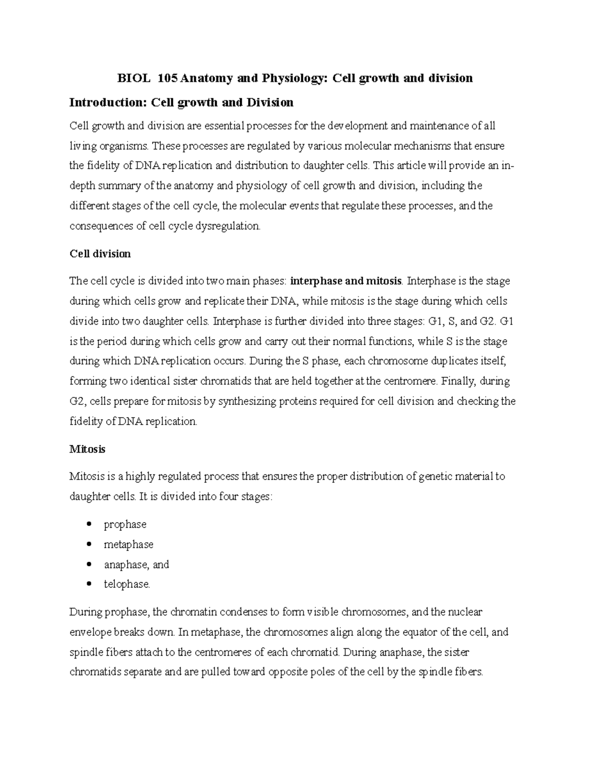 BIOL 105 Anatomy And Physiology Cell Growth And Division These