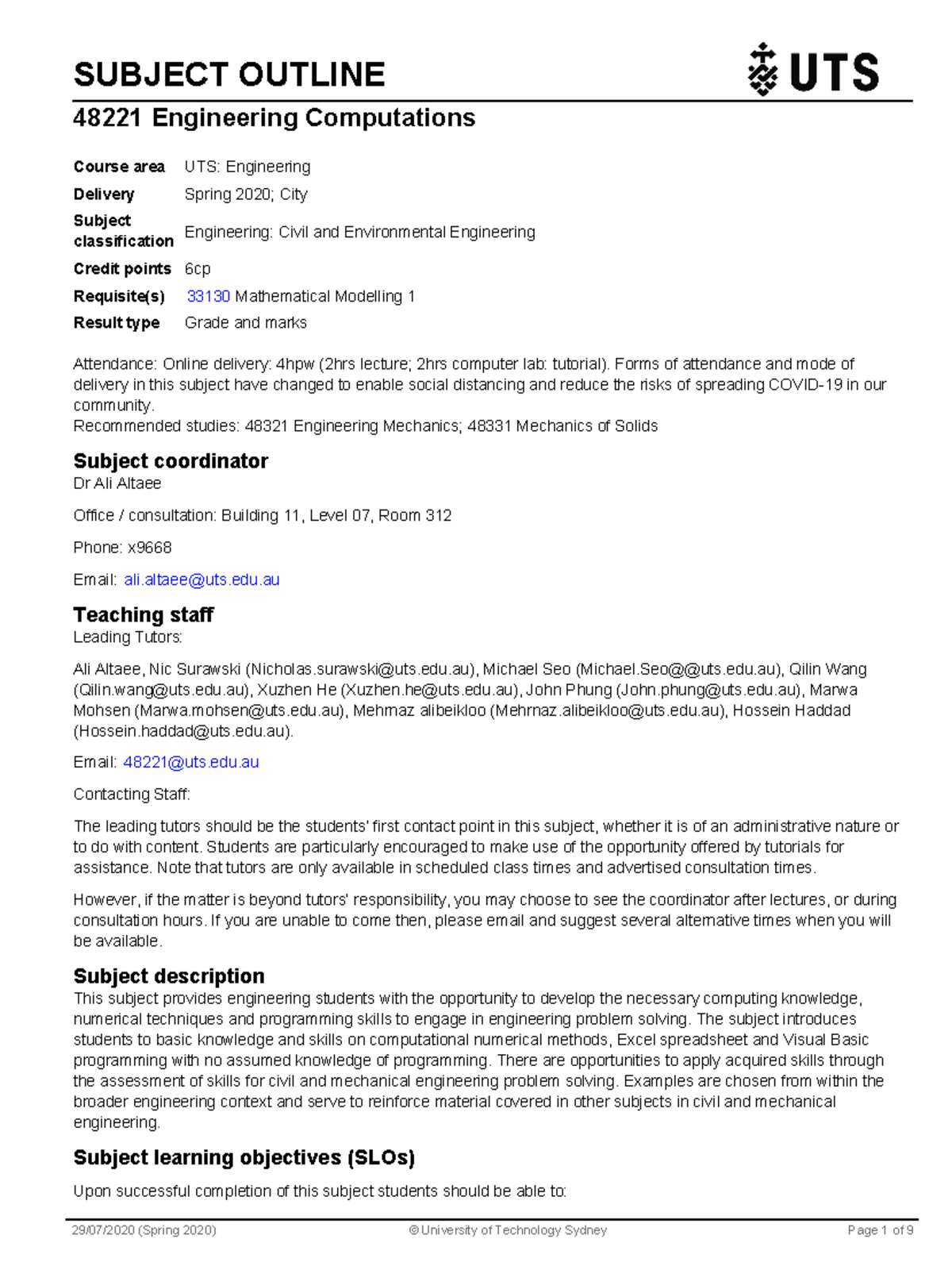 PDFs - Subject Outline - SUBJECT OUTLINE 48221 Engineering Computations Attendance: Online ...