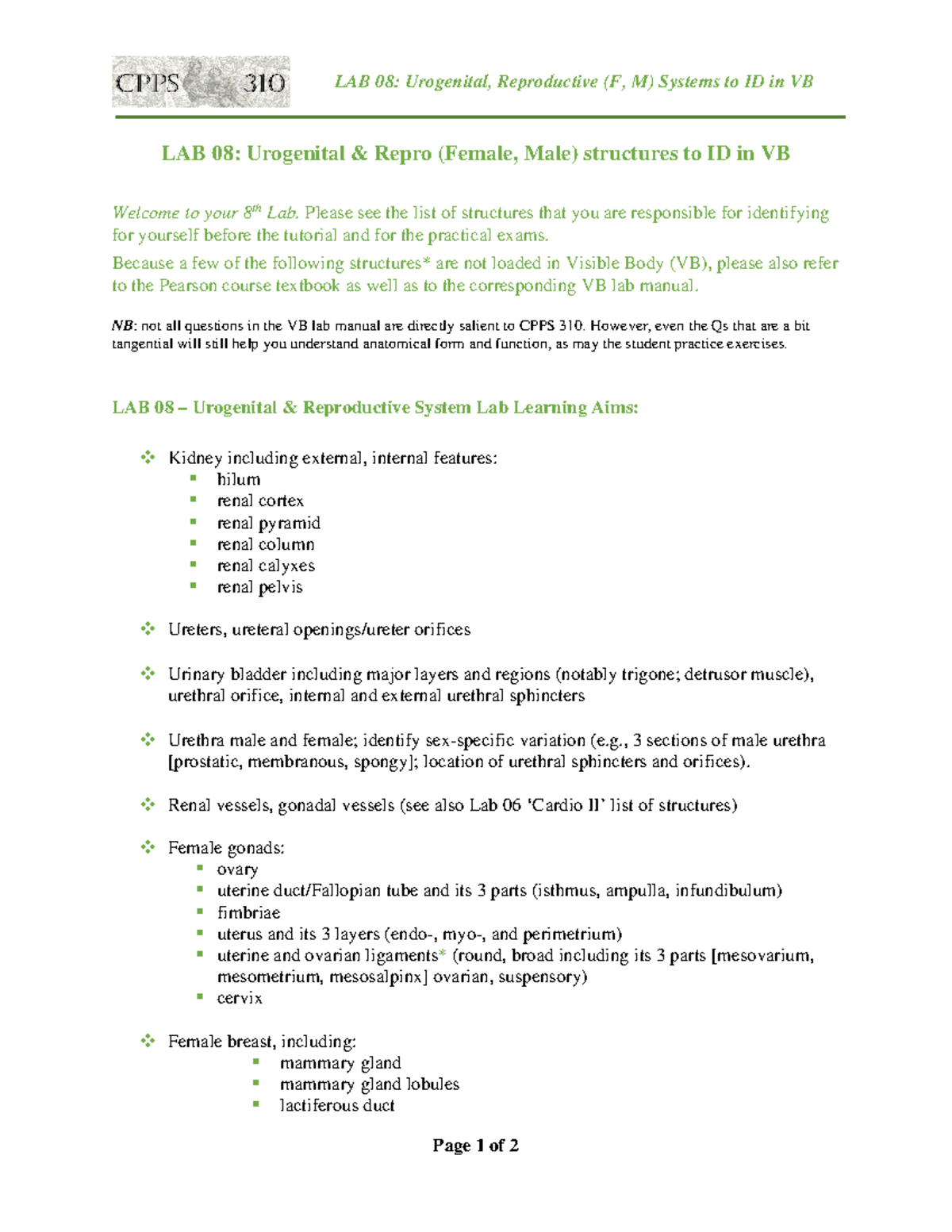 L08-CPPS 310-Urogenital-F M-Structures-to-ID-in-VB-2023 - Page 1 of 2 LAB 08: Urogenital, - Studocu