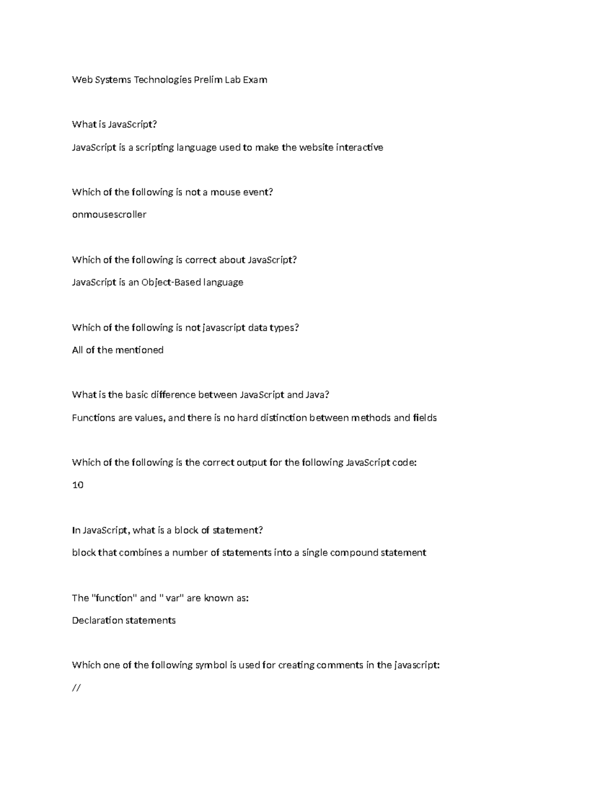 Web Systems Technologies Prelim Lab Exam - Web In which HTML element, we put the JavaScript code ...