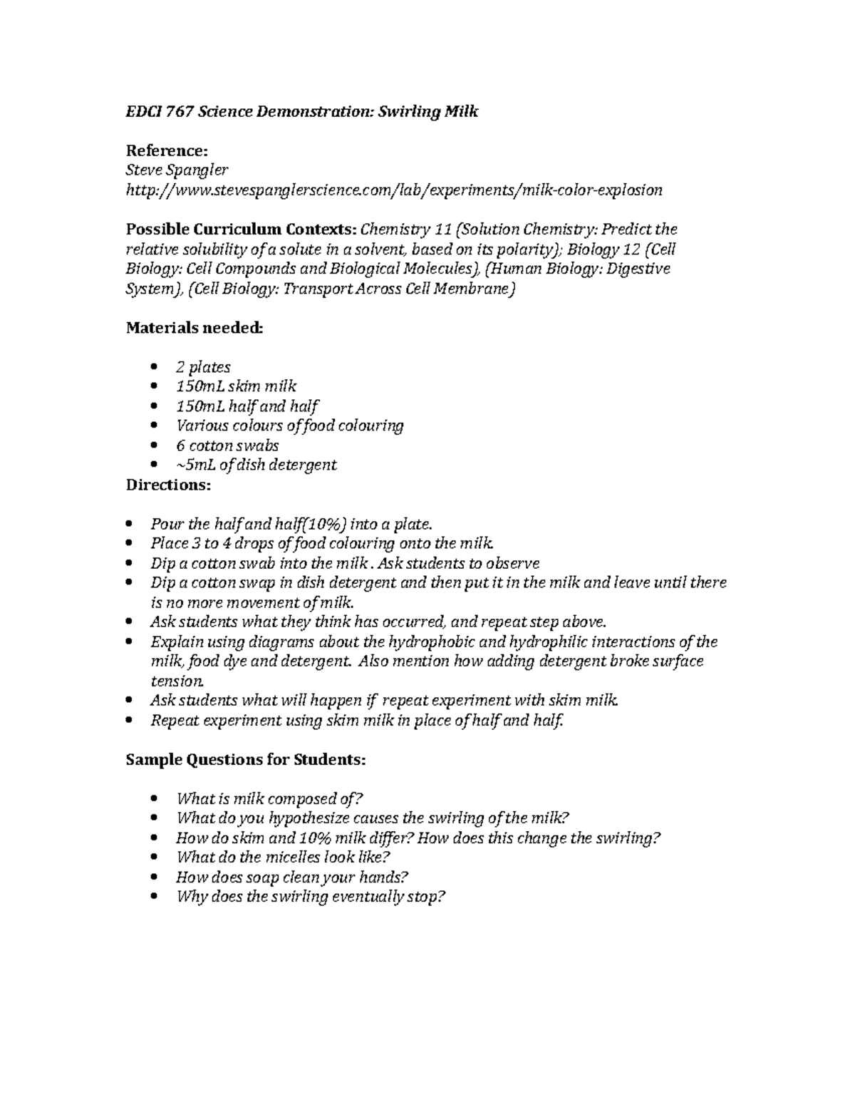 Swirling milk - Proven Demonstrations - EDCI 767 Science Demonstration ...