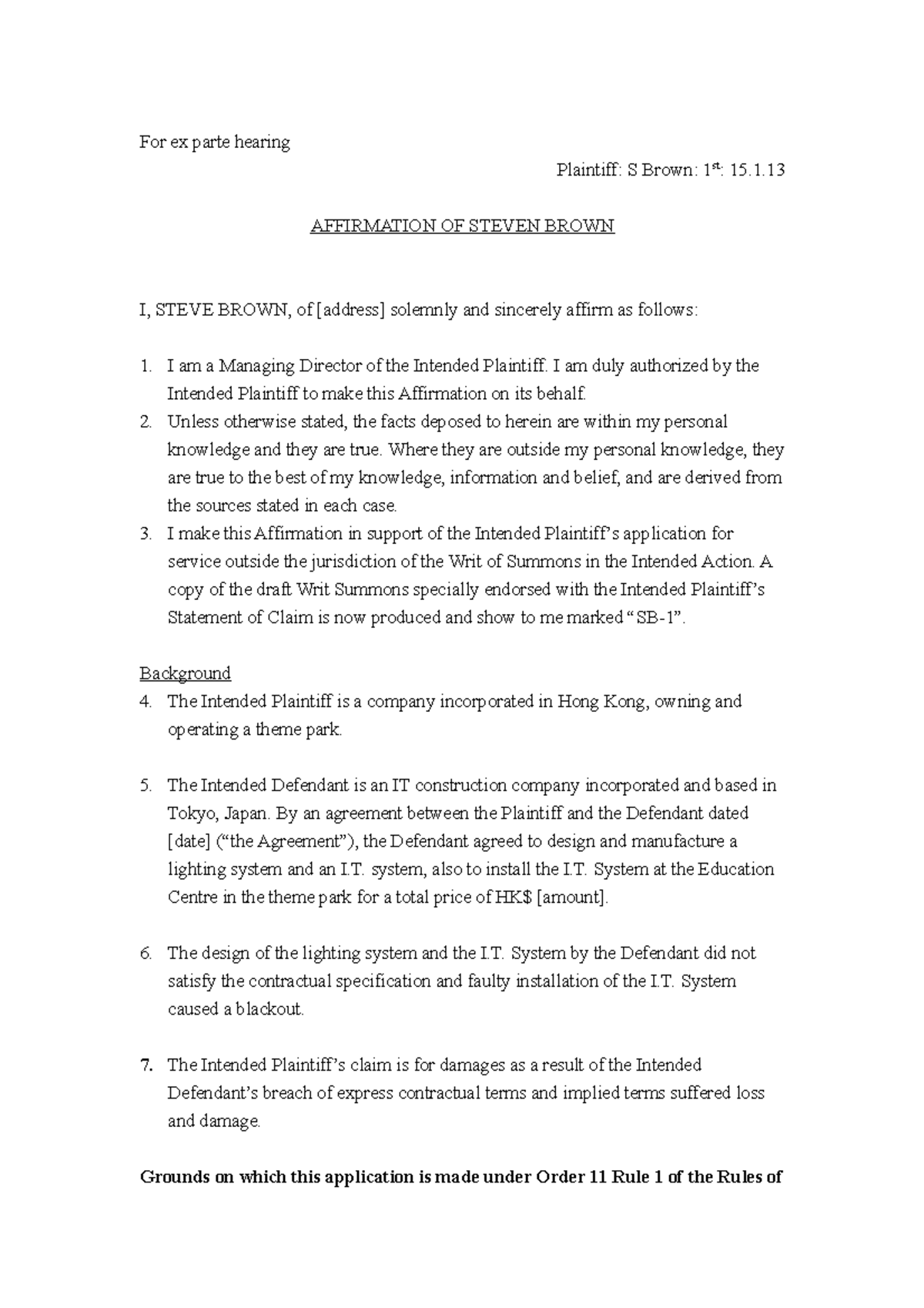 Drafting of Affirmation for Service out of Jurisdiction - Civil ...