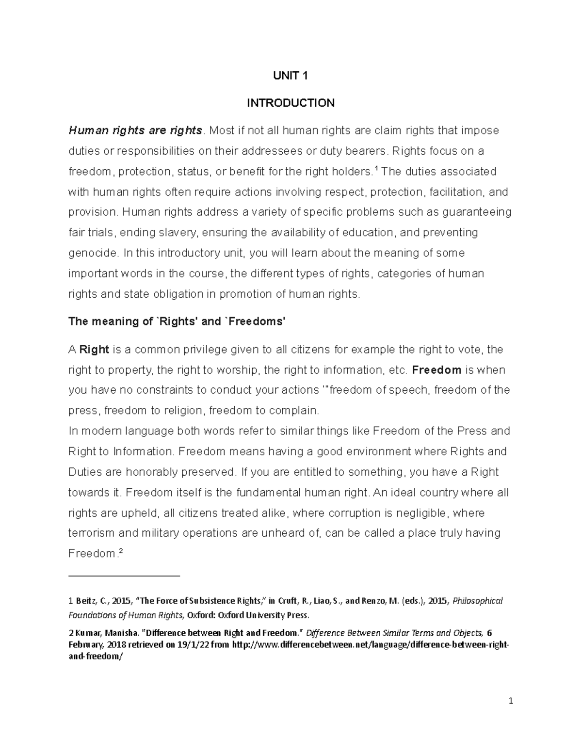 UNIT 2 Notes - UNIT 1 INTRODUCTION Human rights are rights. Most if not ...