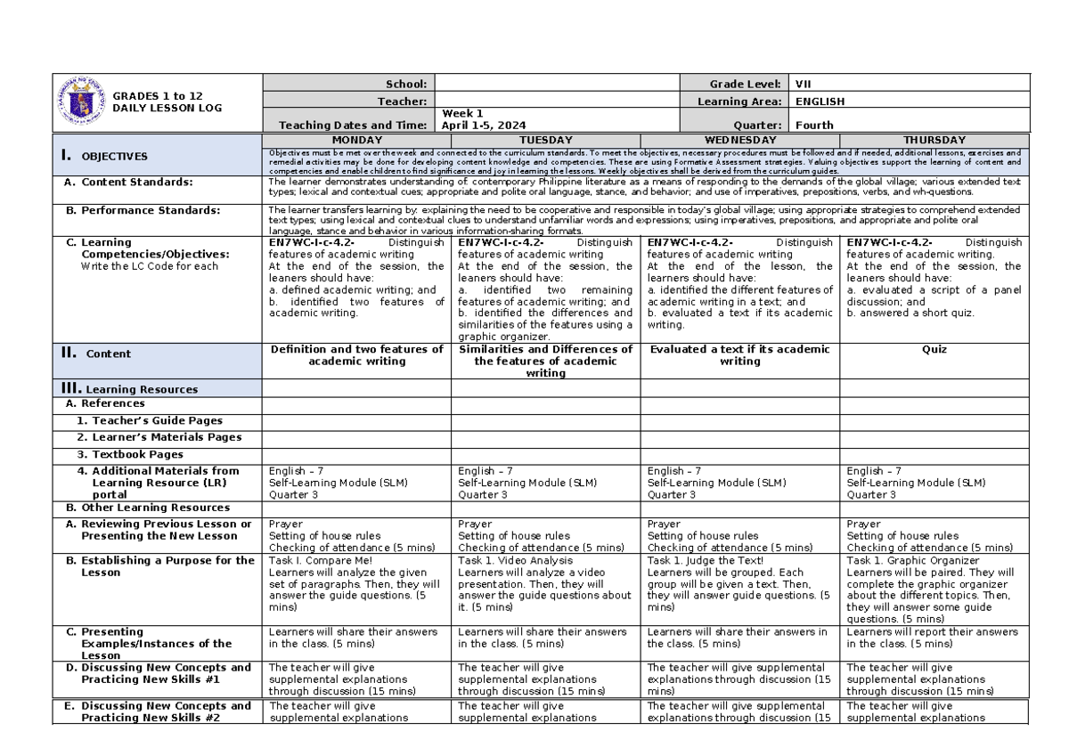 DLL - GRADES 1 to 12 DAILY LESSON LOG School: Grade Level: VII Teacher: Learning Area: ENGLISH ...