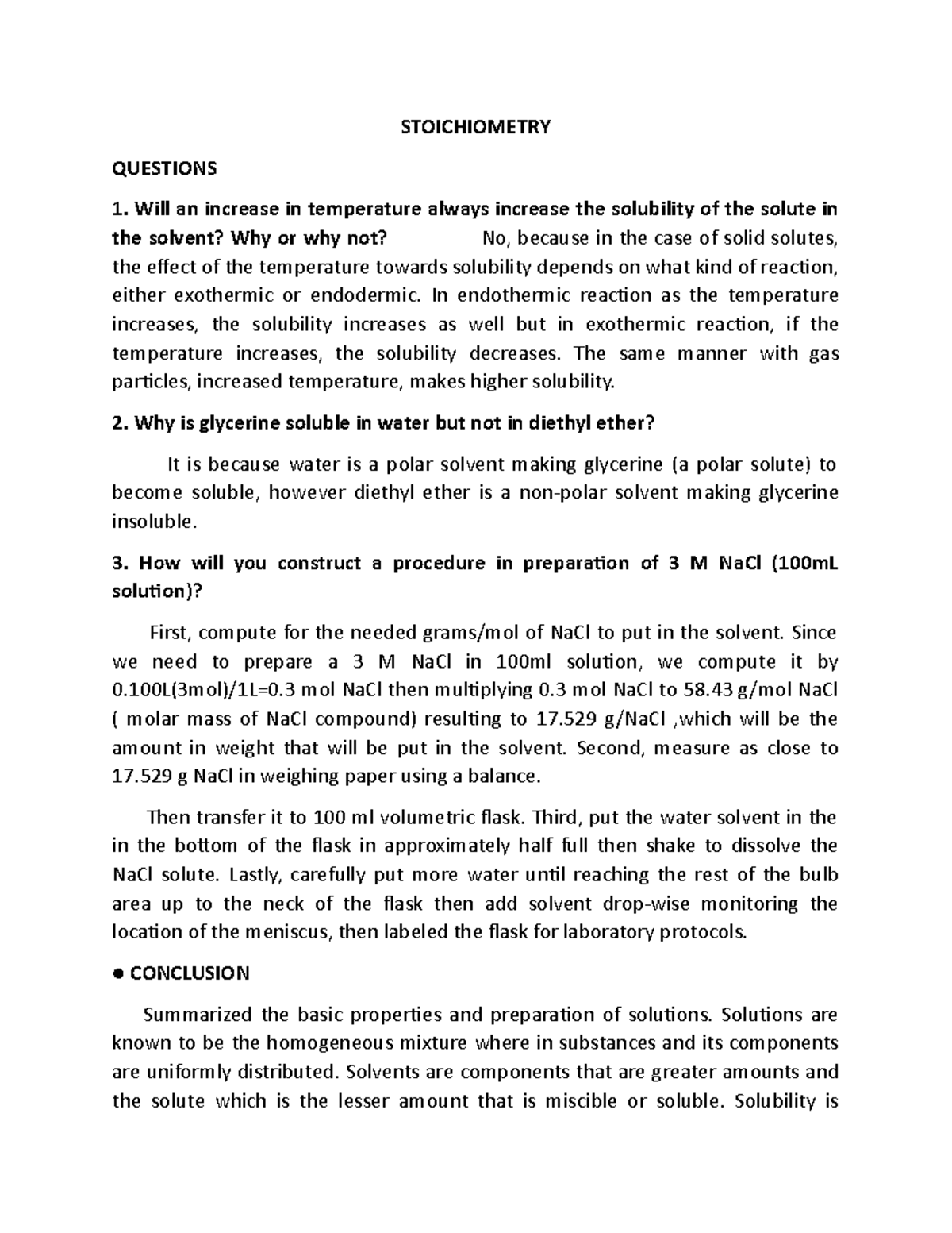 CHEM 1200 LAB Report-4 Stoichiometry - STOICHIOMETRY QUESTIONS Will an ...