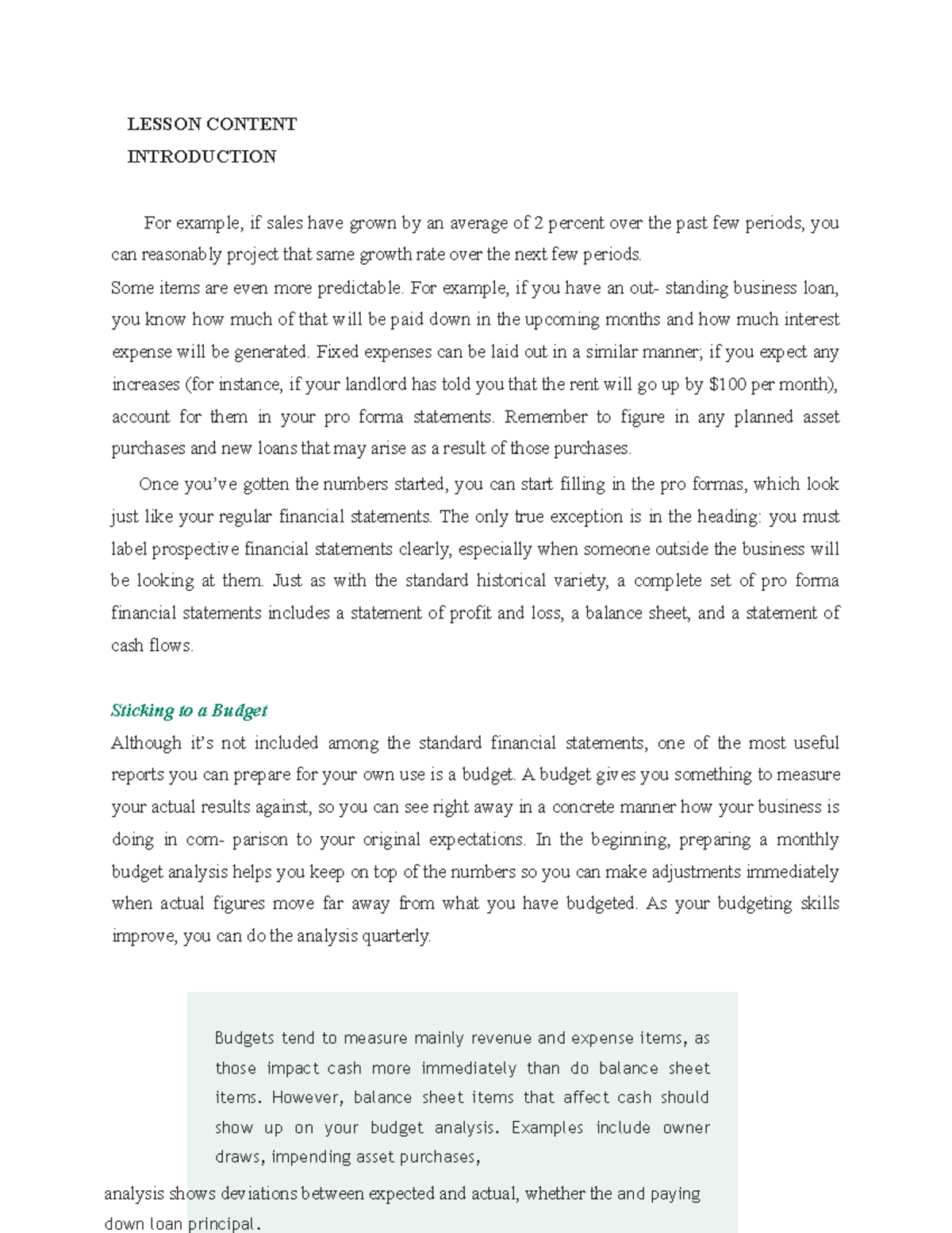 Pro Forma Statements 101 - LESSON CONTENT INTRODUCTION For example, if ...
