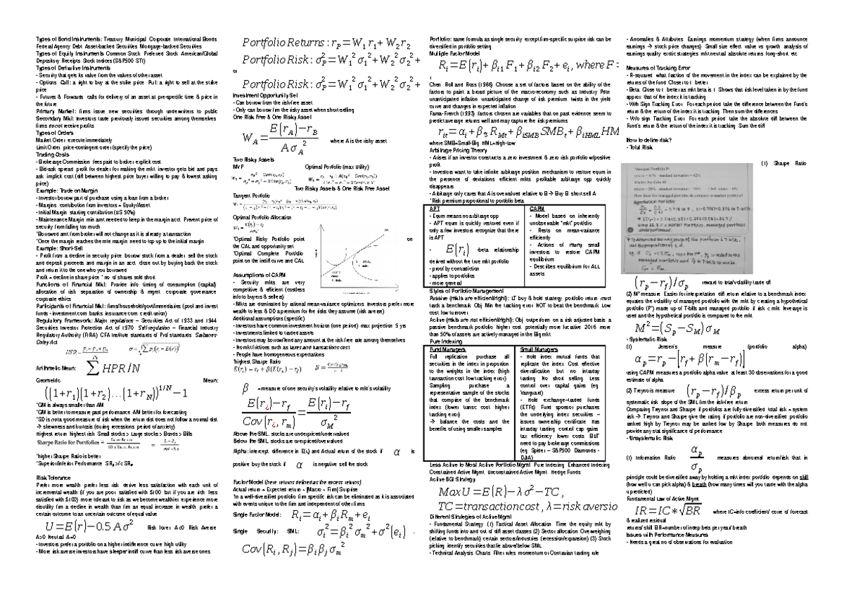 FIN3102 Cheat Sheet Midterms 1 page AY19/20 - Types of Bond Instruments ...