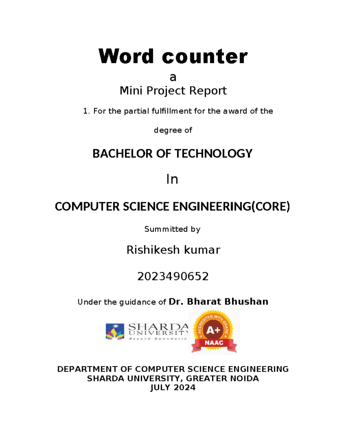 report on java internship - Word counter a Mini Project Report 1. For ...