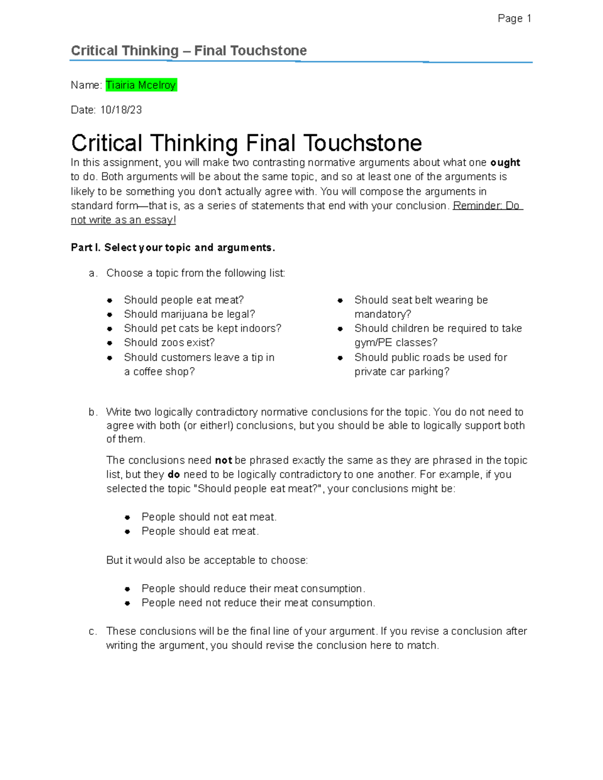 Critical Thinking Touchstone 4 done - Name: Tiairia Mcelroy Date: 10/18 ...