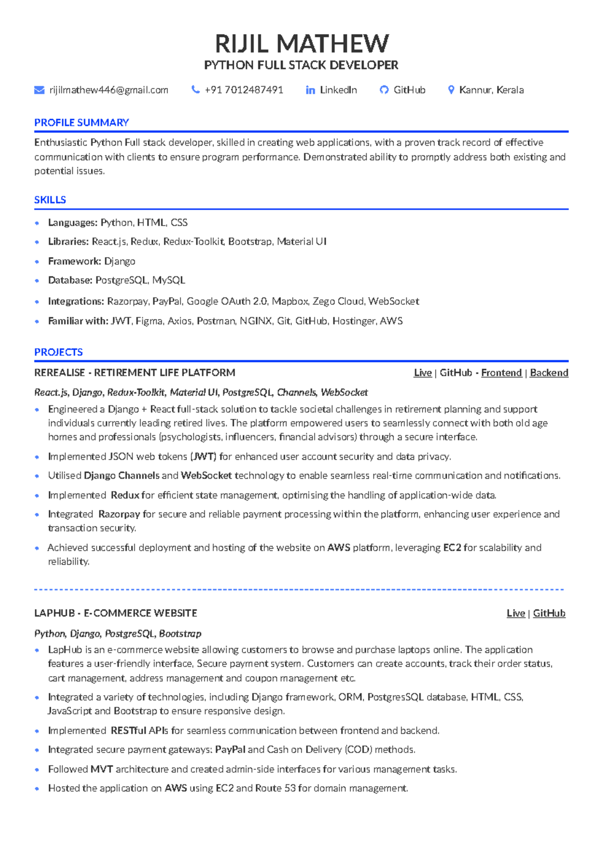 Rijil Mathew - Sghsj - RIJIL MATHEW PYTHON FULL STACK DEVELOPER R rijilmathew446@gmail Ó +91 ...