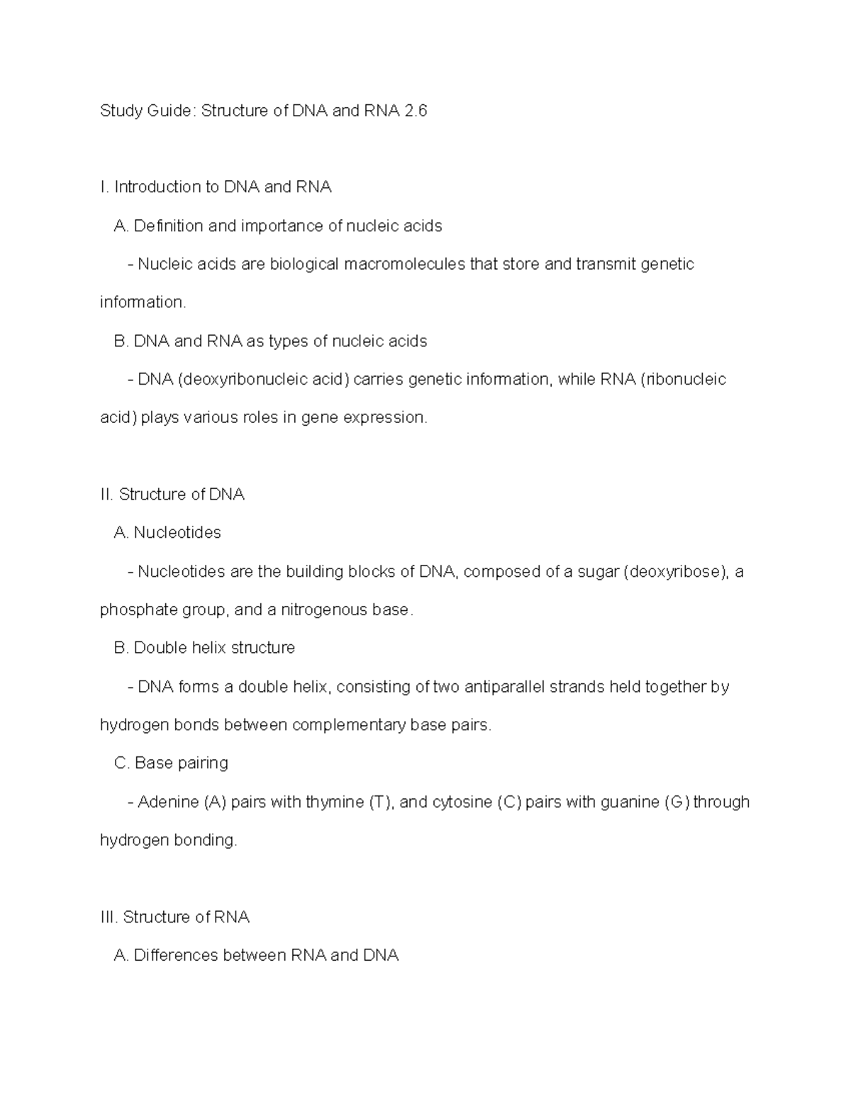 IB Biology Proteins 2.4 - Study Guide: Structure of DNA and RNA 2. I ...