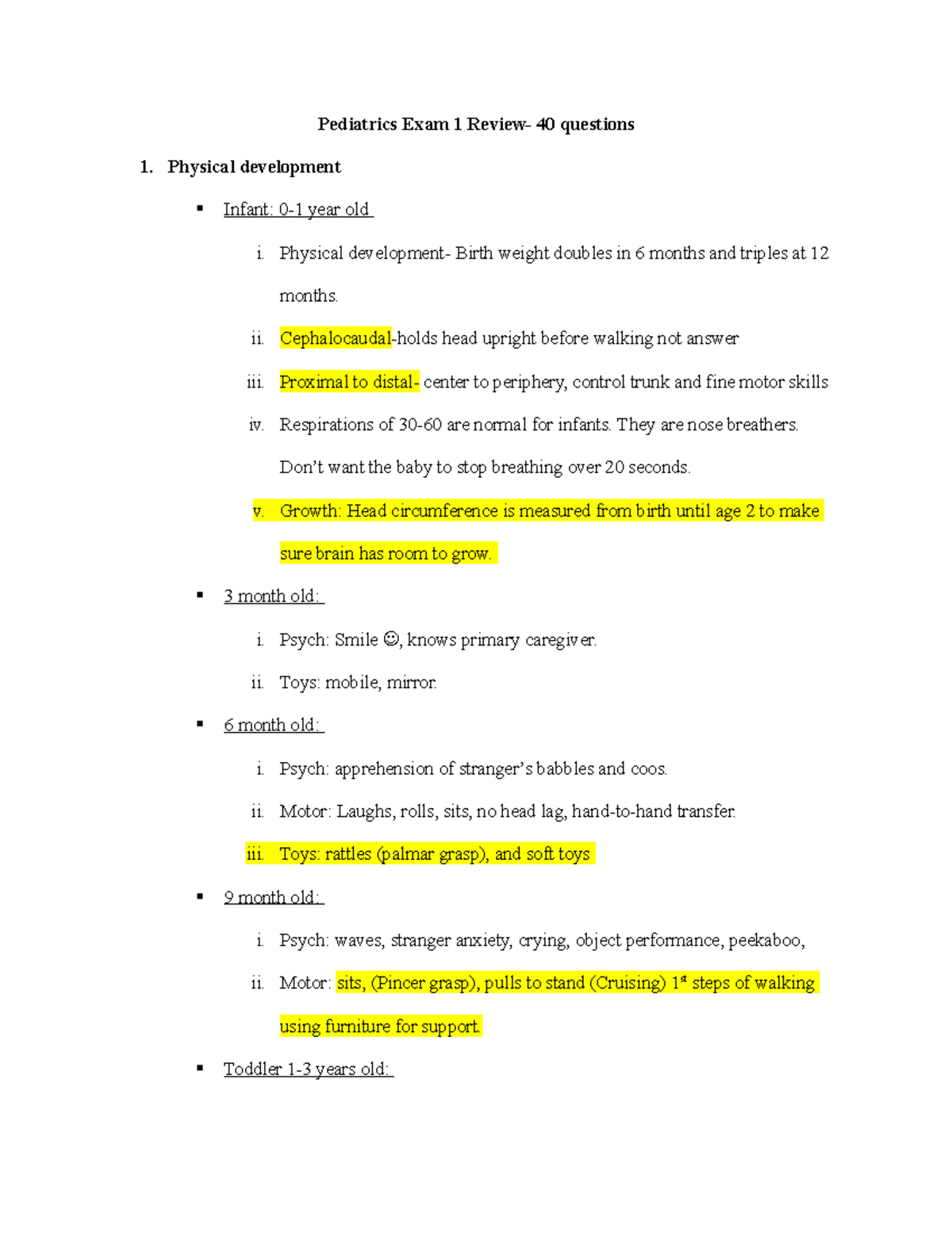Peds Exam 1 Review - Pediatrics Exam 1 40 questions 1. Physical ...