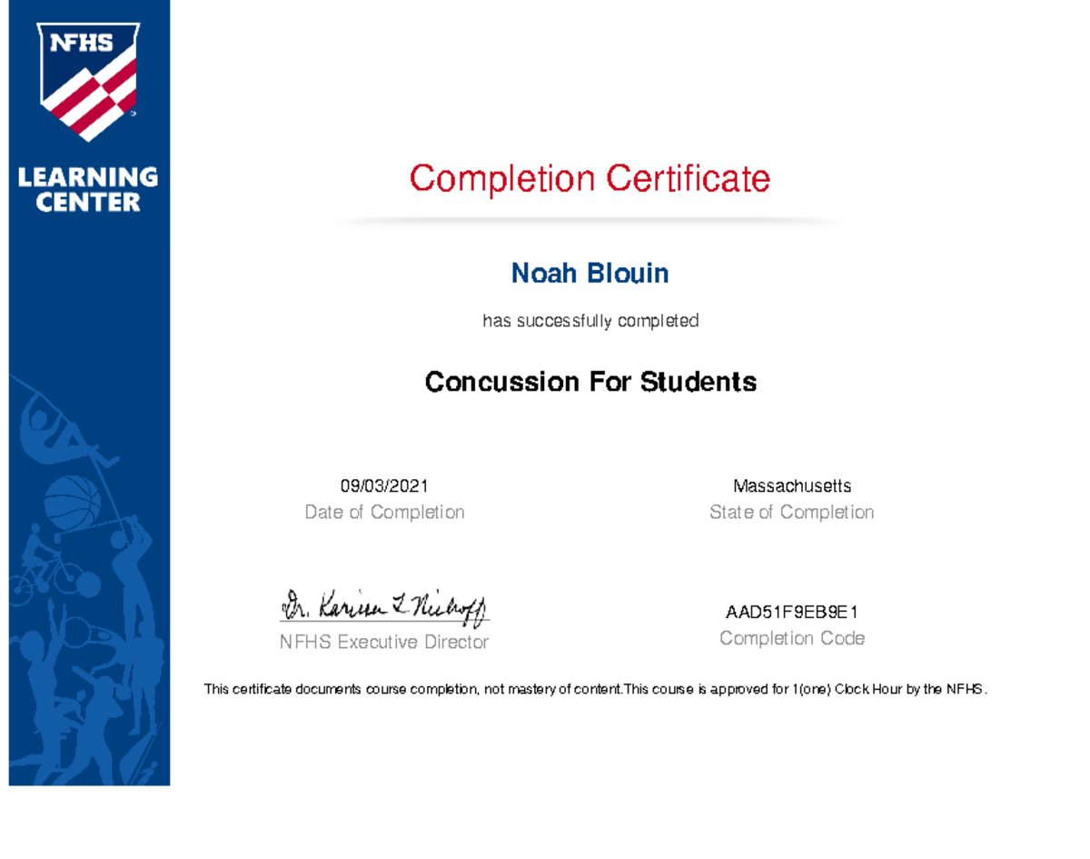 Concussion course certificate 2021 - 09/03/ Date of Completion ...
