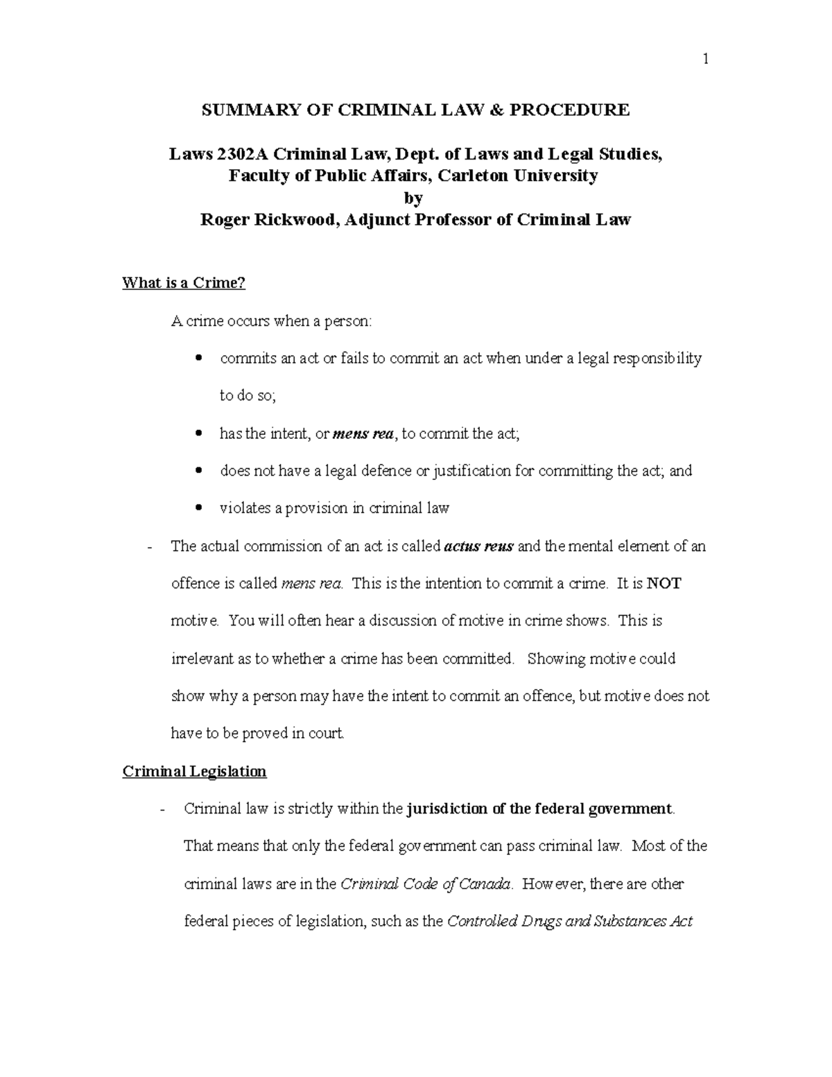 Summary - summary of criminal law & procedure - 1 SUMMARY OF CRIMINAL ...