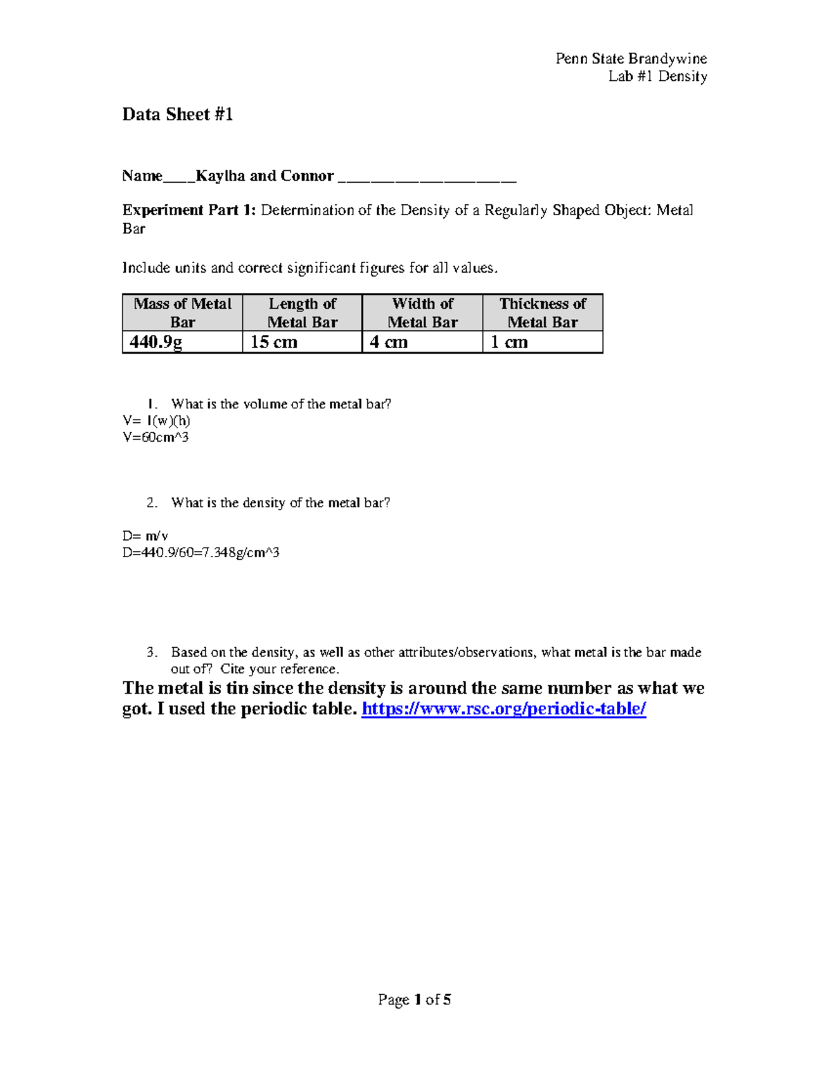 Density and Mass lab - Lab # 1 Density Data Sheet Name____Kaylha and ...